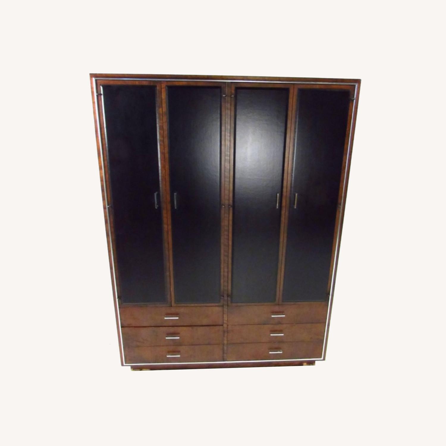 Antique Wood & Black Leather Armoire - AptDeco