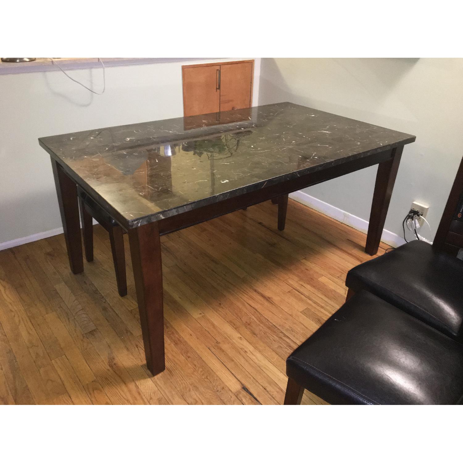 Huffman Koos Marble Dining Table w/ 3 Chairs + 1 Bench - AptDeco