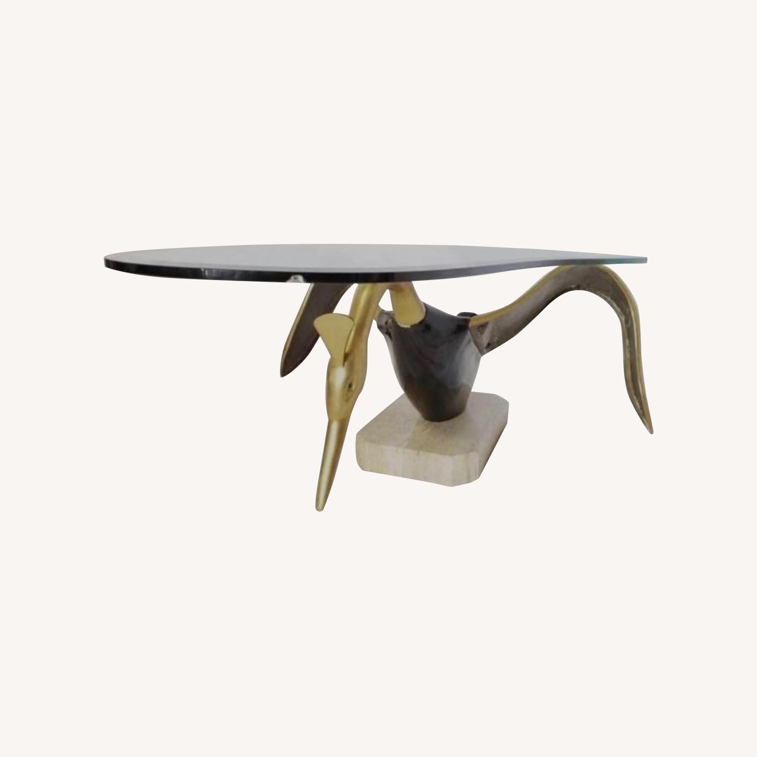 Brass & Glass Swan Coffee Table On Travertine Base - AptDeco