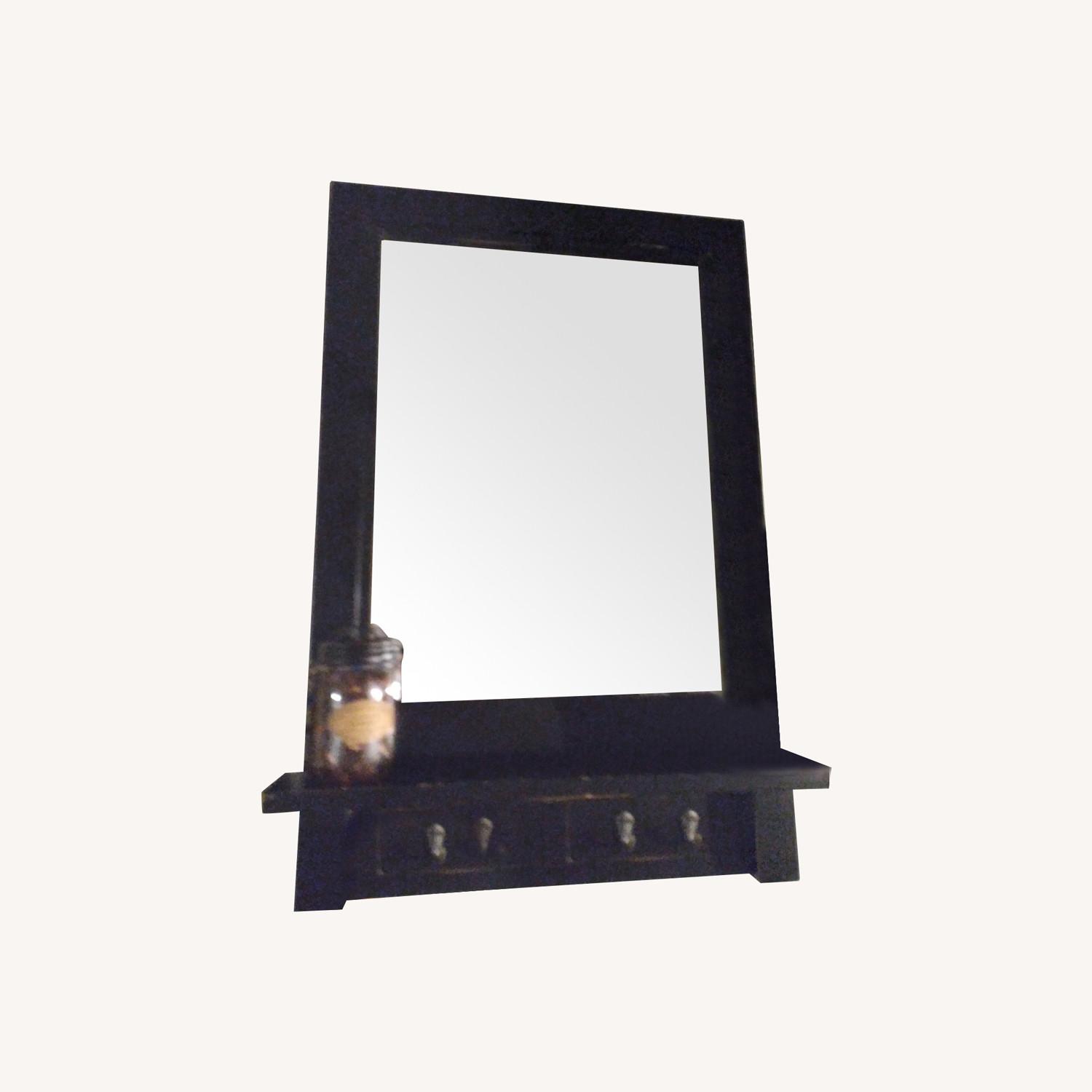 Black Wood Mirror With Shelf and 4 Hooks - AptDeco