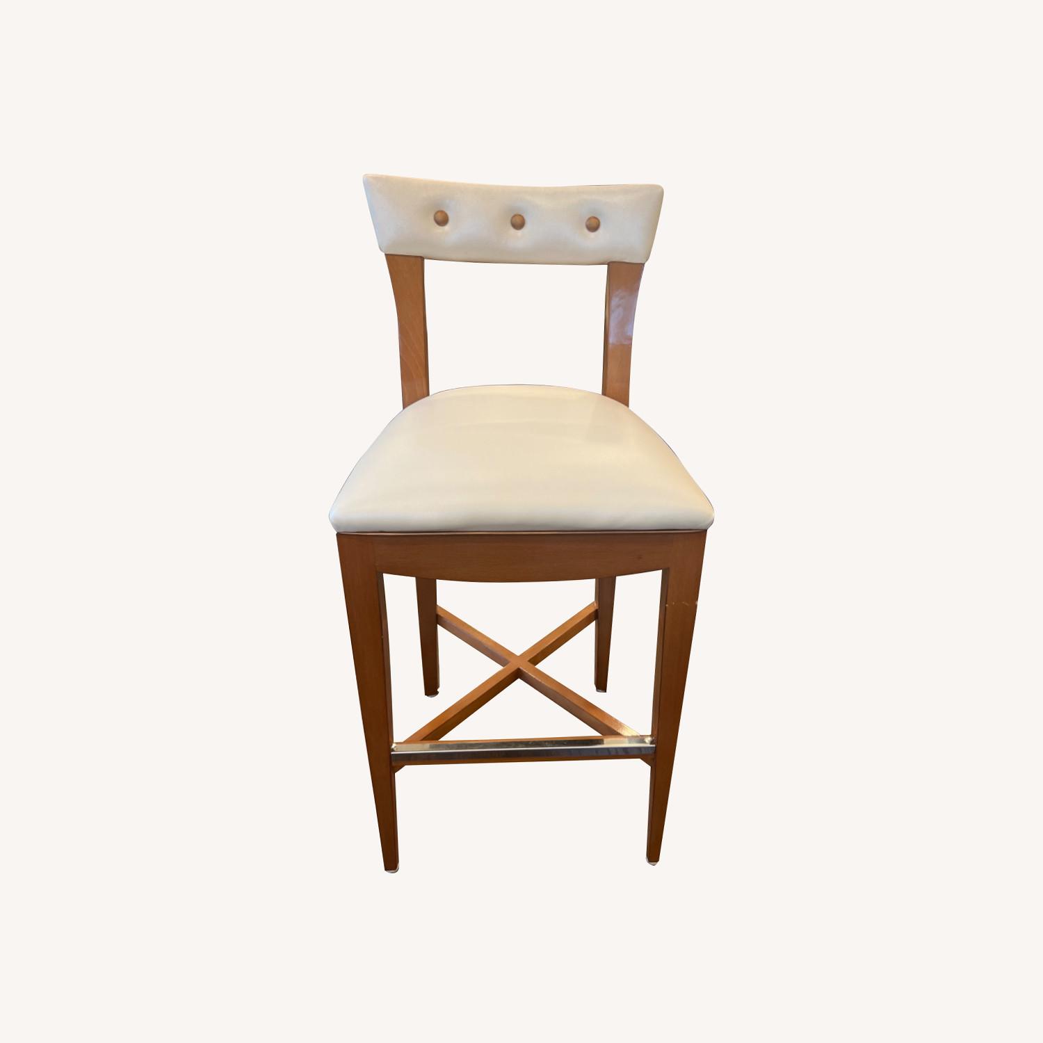 Custom Ivory Leather and Wood Bar Stools - AptDeco