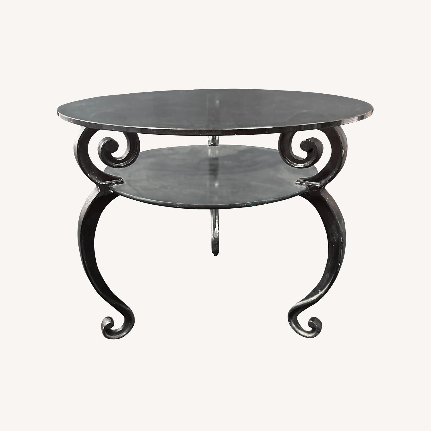 Vintage Black Metal Table with Glass Top and Shelf - AptDeco