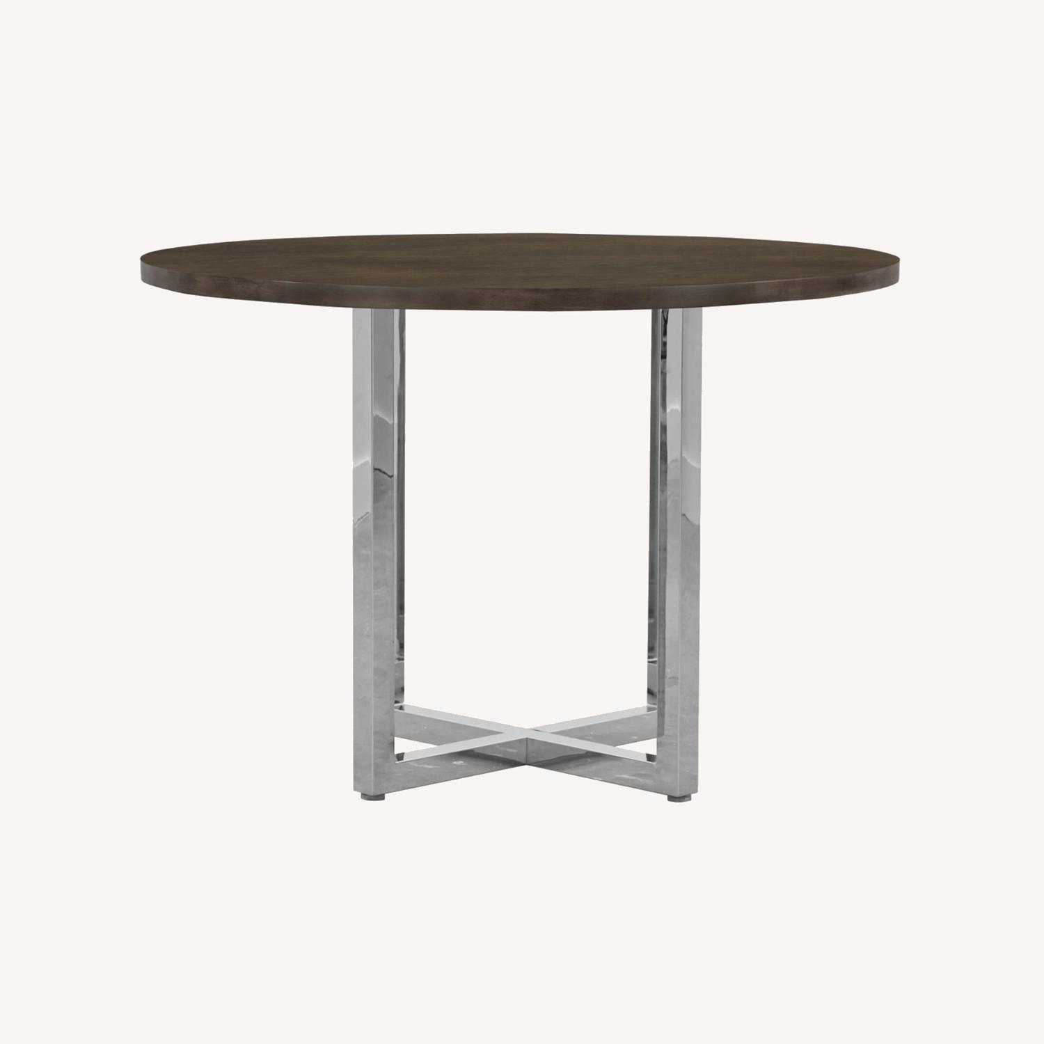 Key City Wood Round Dining Table on Stainless Steel Frame - AptDeco
