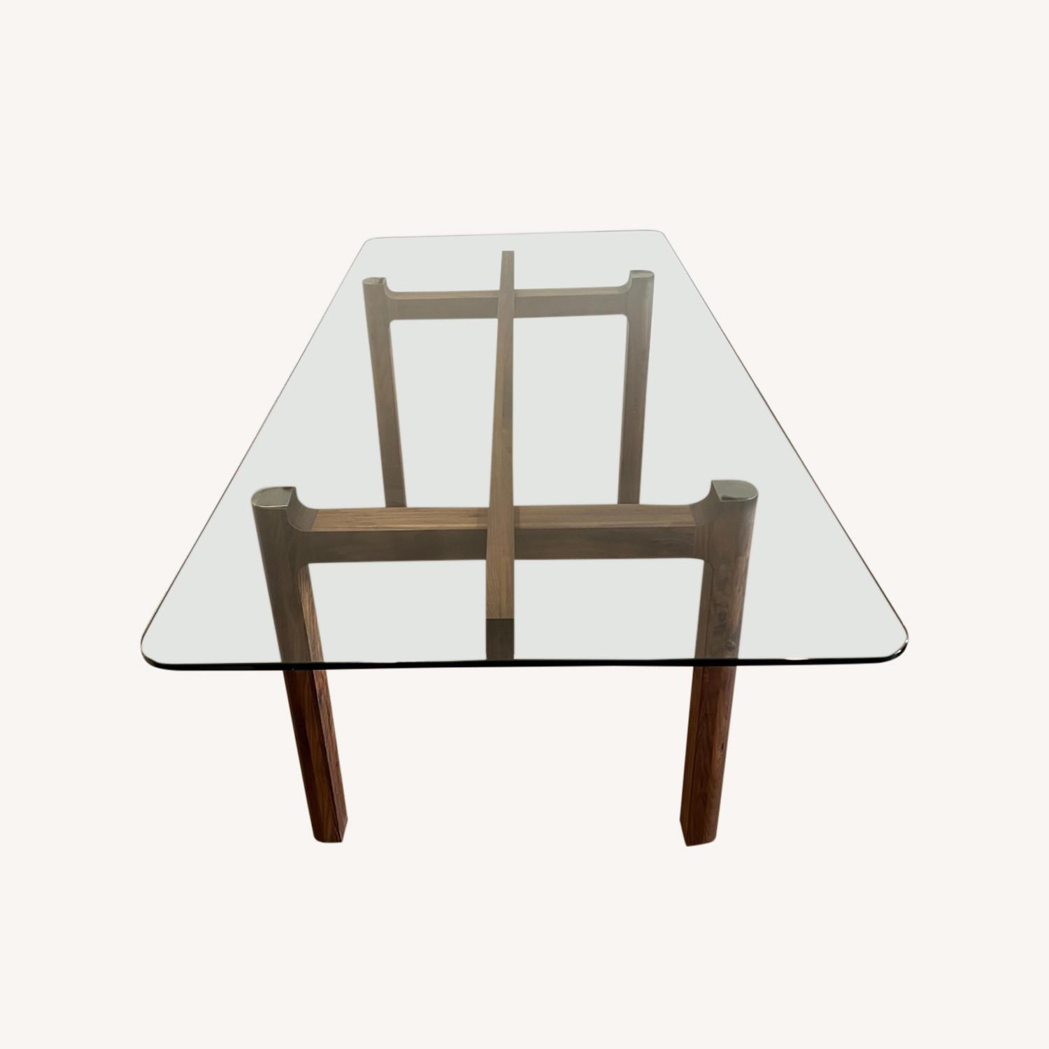 EQ3 Glass Dining Table with Walnut Wood Base - AptDeco
