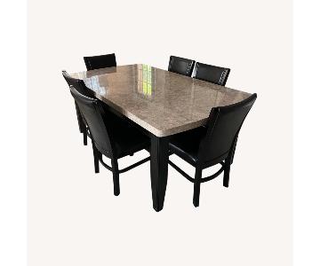 Wood Table Marble Top + 6 Leather/Wood Chairs - AptDeco