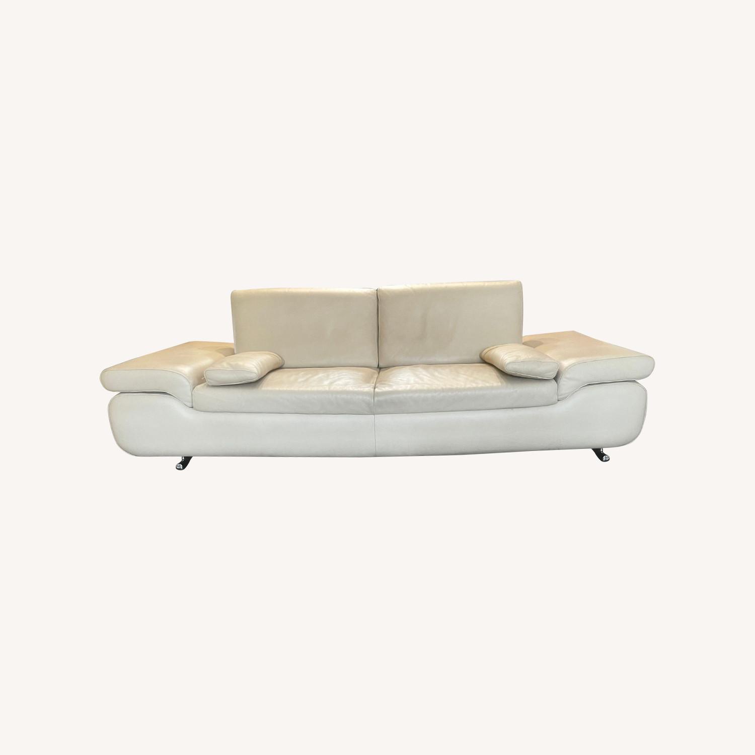 Scan Design Beige Leather Sofa with Two Lumbar Pillows - AptDeco