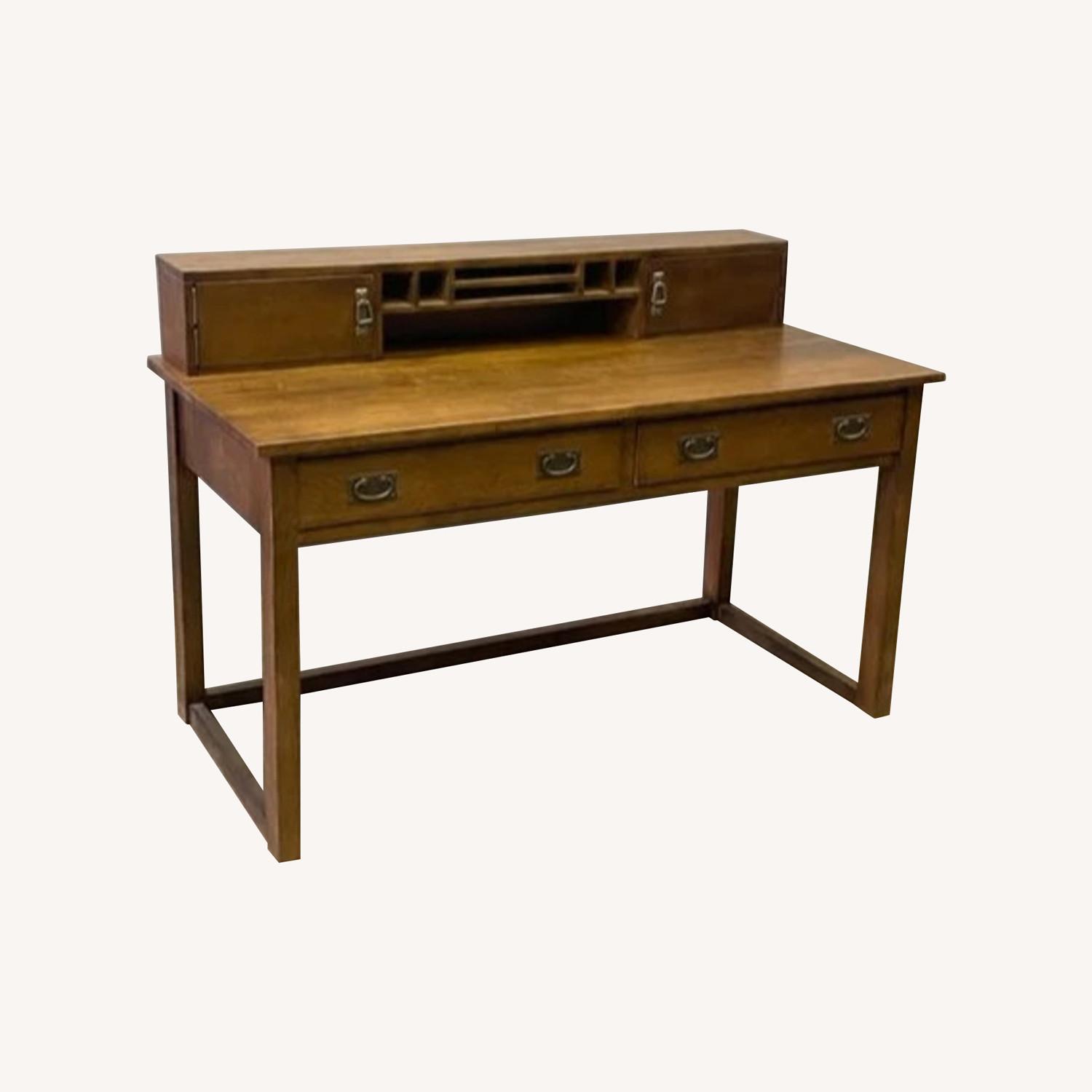 Mission Style Oak Library Table With Hutch Walnut - AptDeco