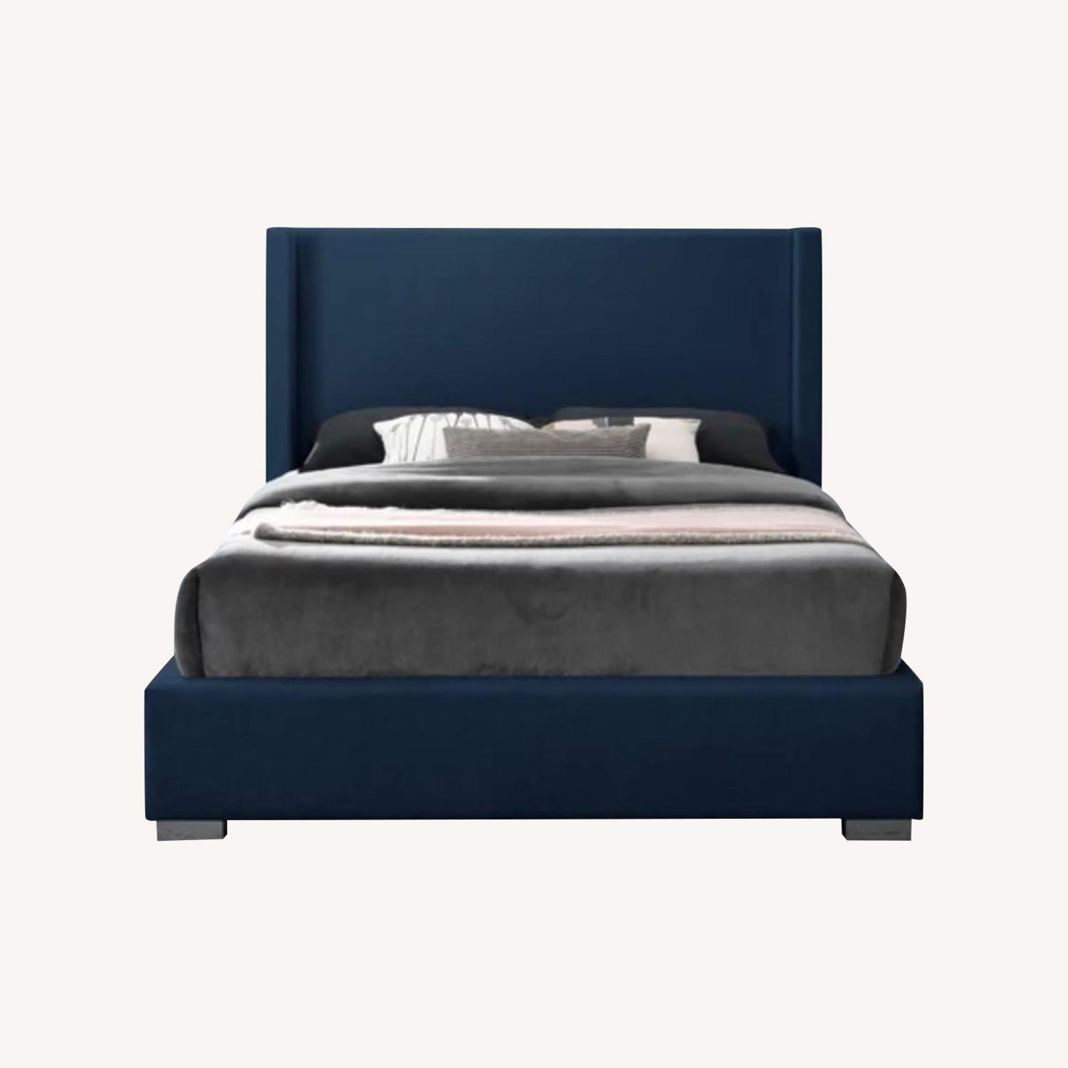 Navy Blue Solid Wood and Upholstered Platform Bed - AptDeco