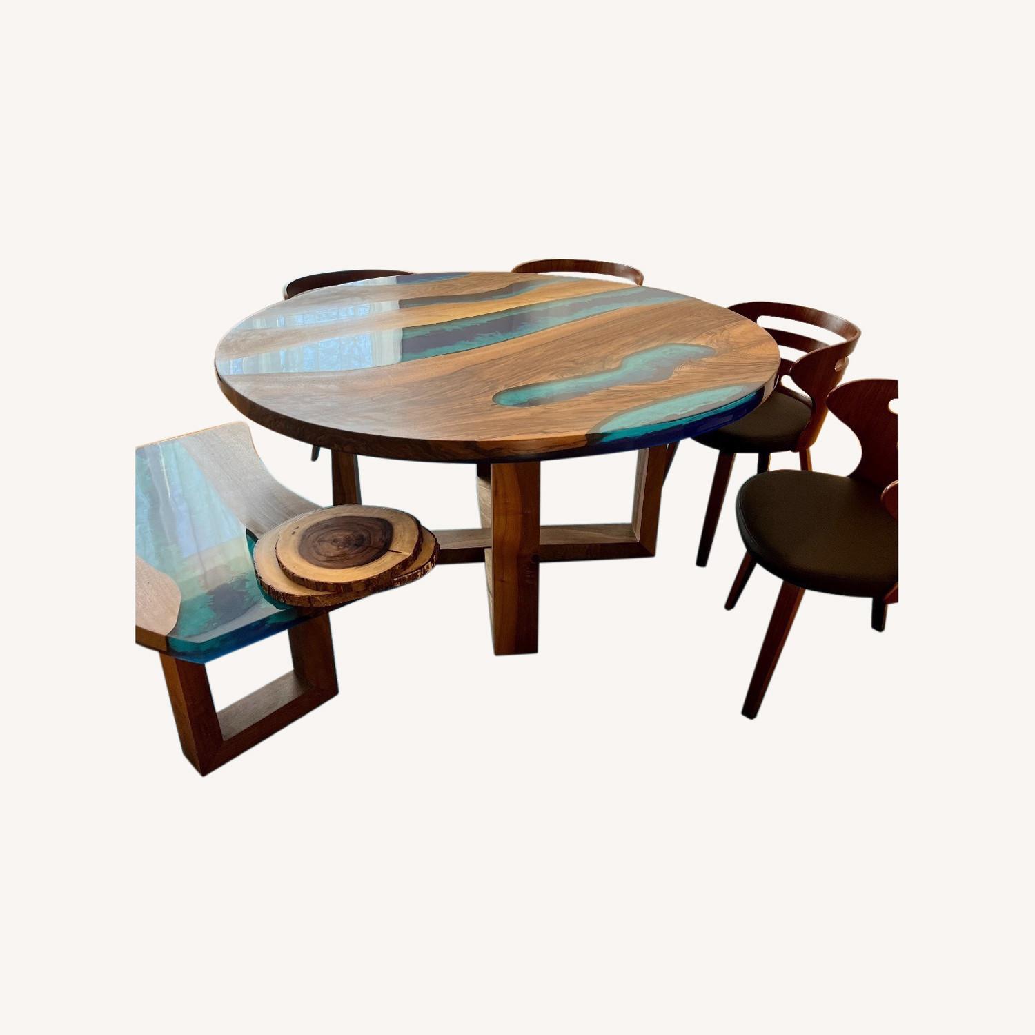 Custom Made Walnut River Epoxy Table & Bench Set - AptDeco