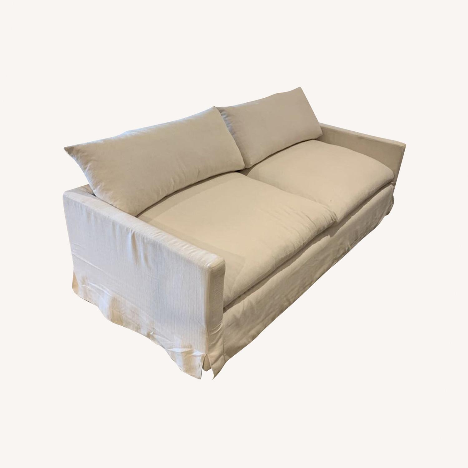 Modern Down Filled Woven Slip Covered 2-Seat Sofa - AptDeco