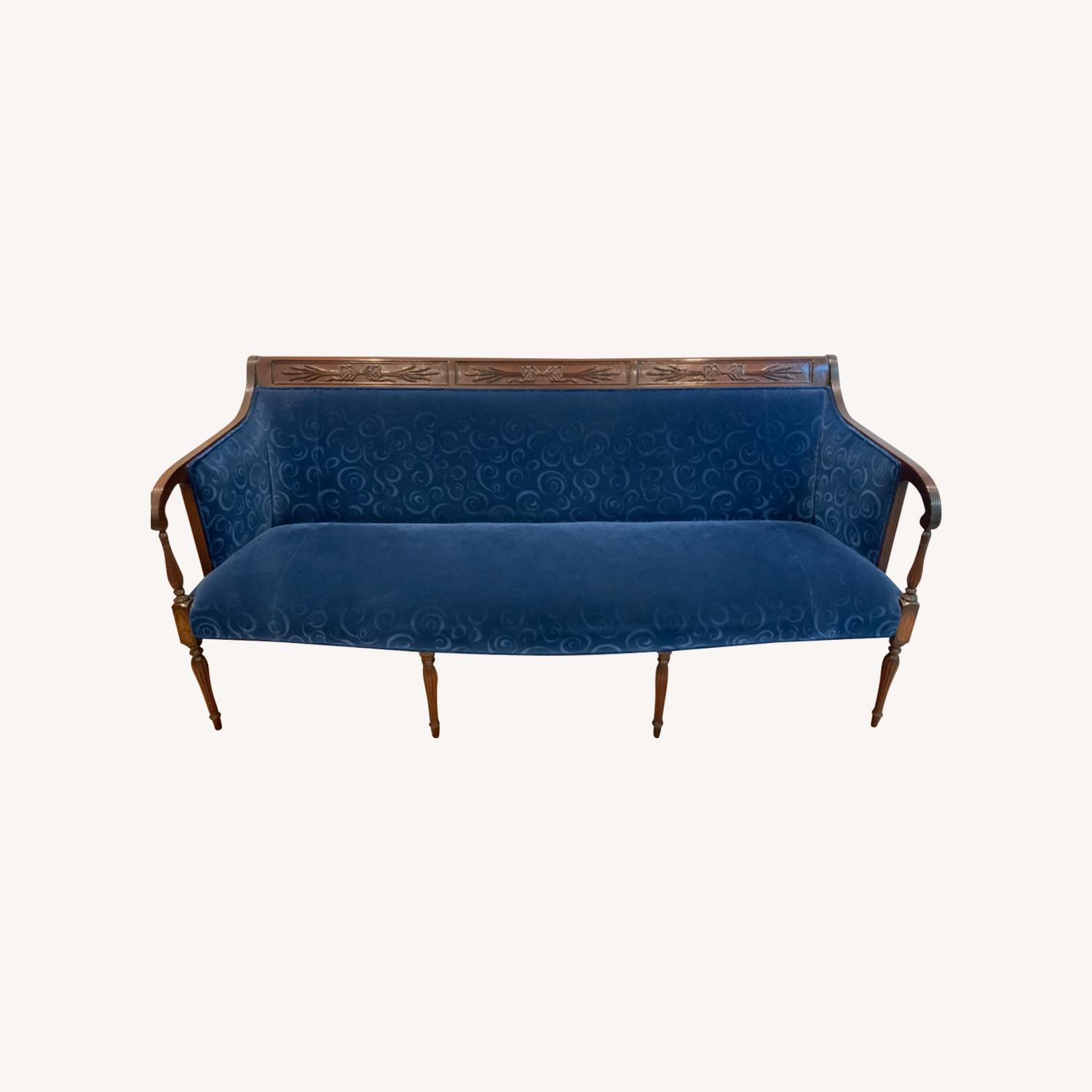 Sheraton Style Neoclassical Blue Upholstered Sofa - AptDeco