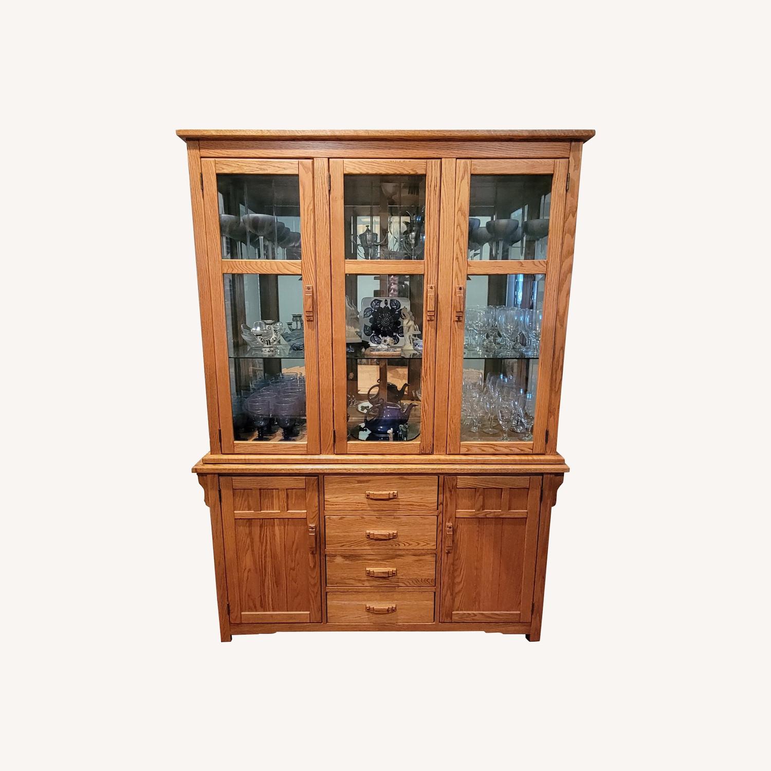 Solid Oak Buffet and Lighted Hutch - AptDeco