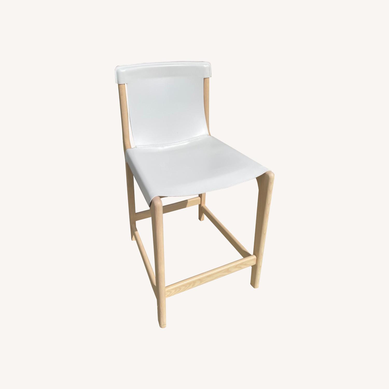 CB2 Burano Set of 4 White Leather and Wood Counter Stools