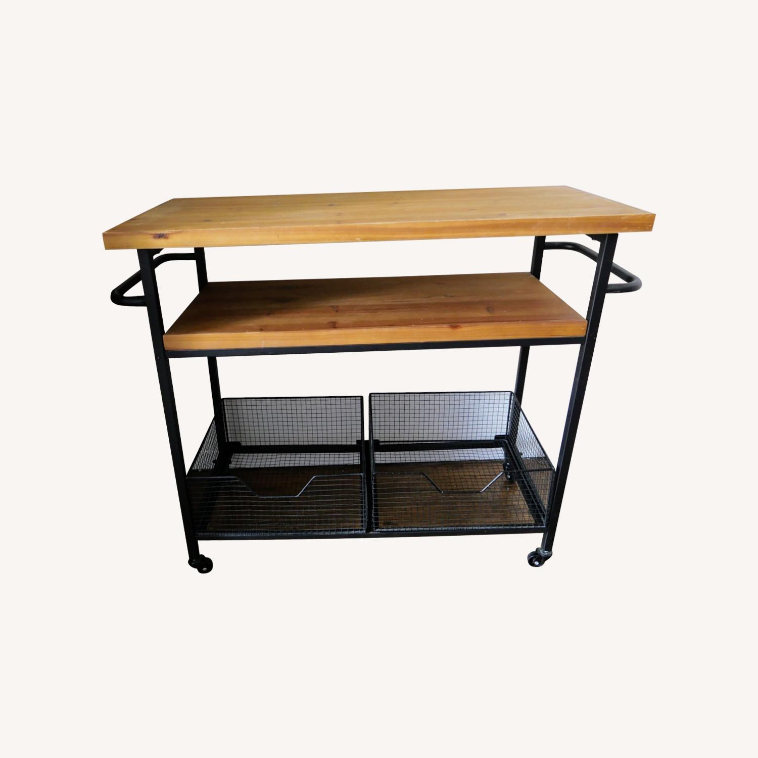 Rolling Pine Wood Cart with Black Metal Baskets - AptDeco