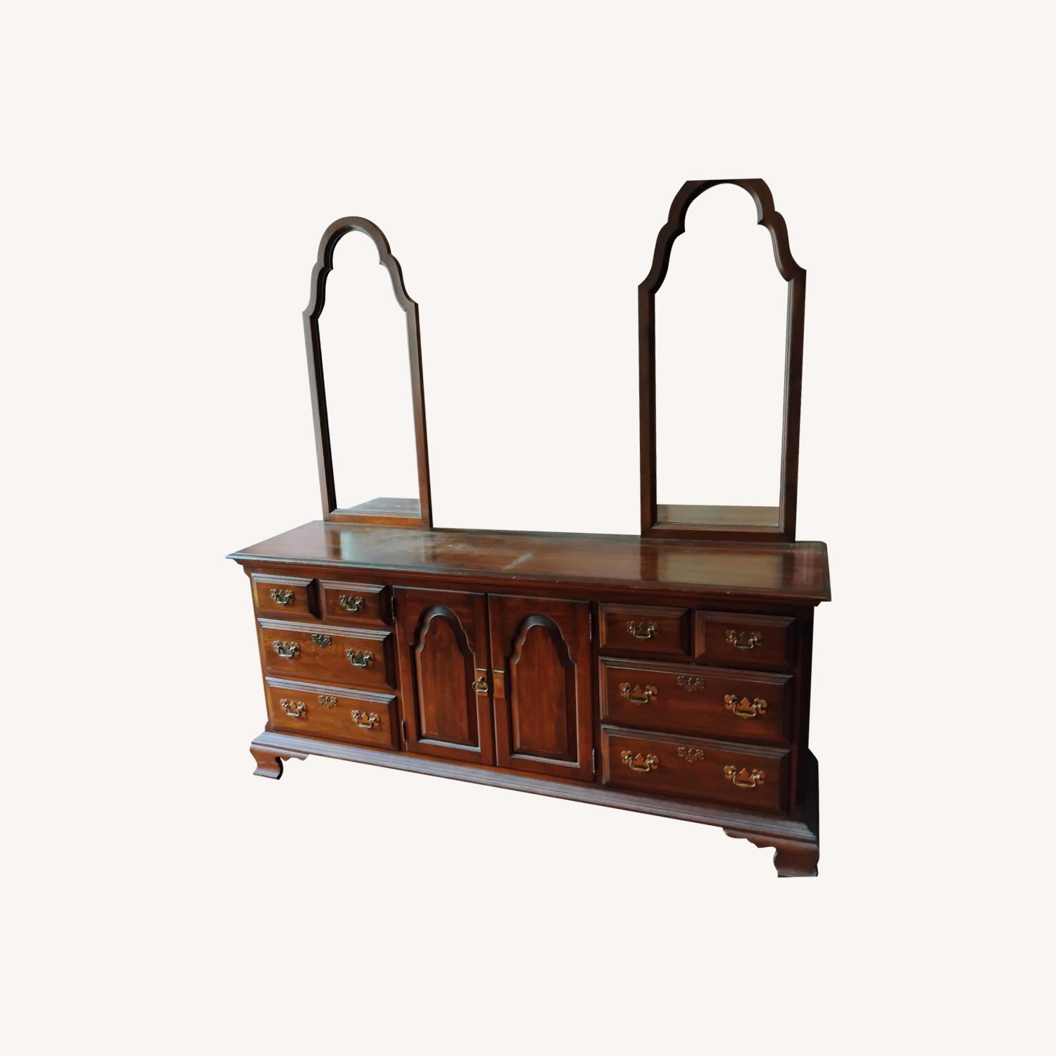 Cherry Wood Colonial Dresser with Two Mirrors - AptDeco
