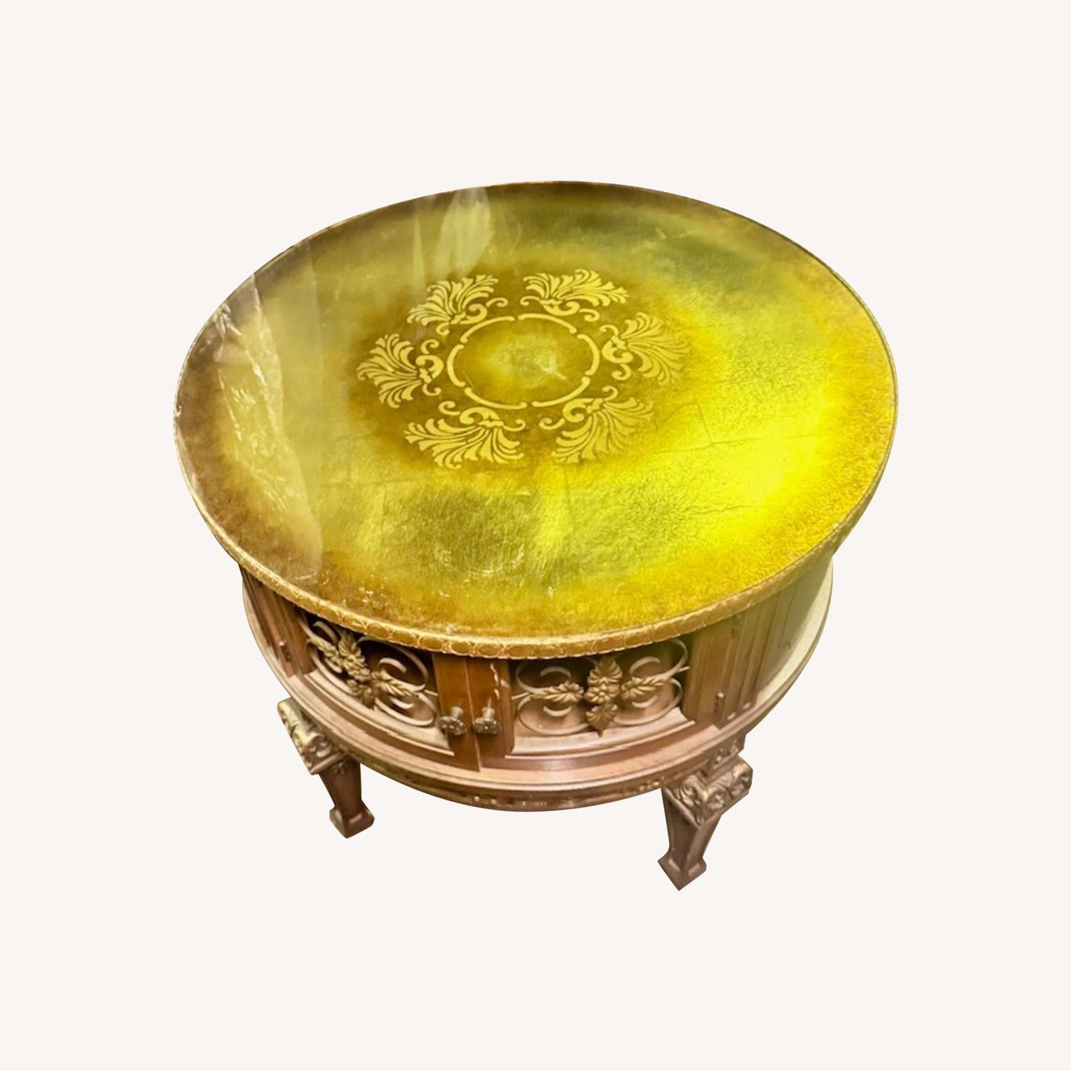 Antique Round Side Table W Painted Glass Top - AptDeco