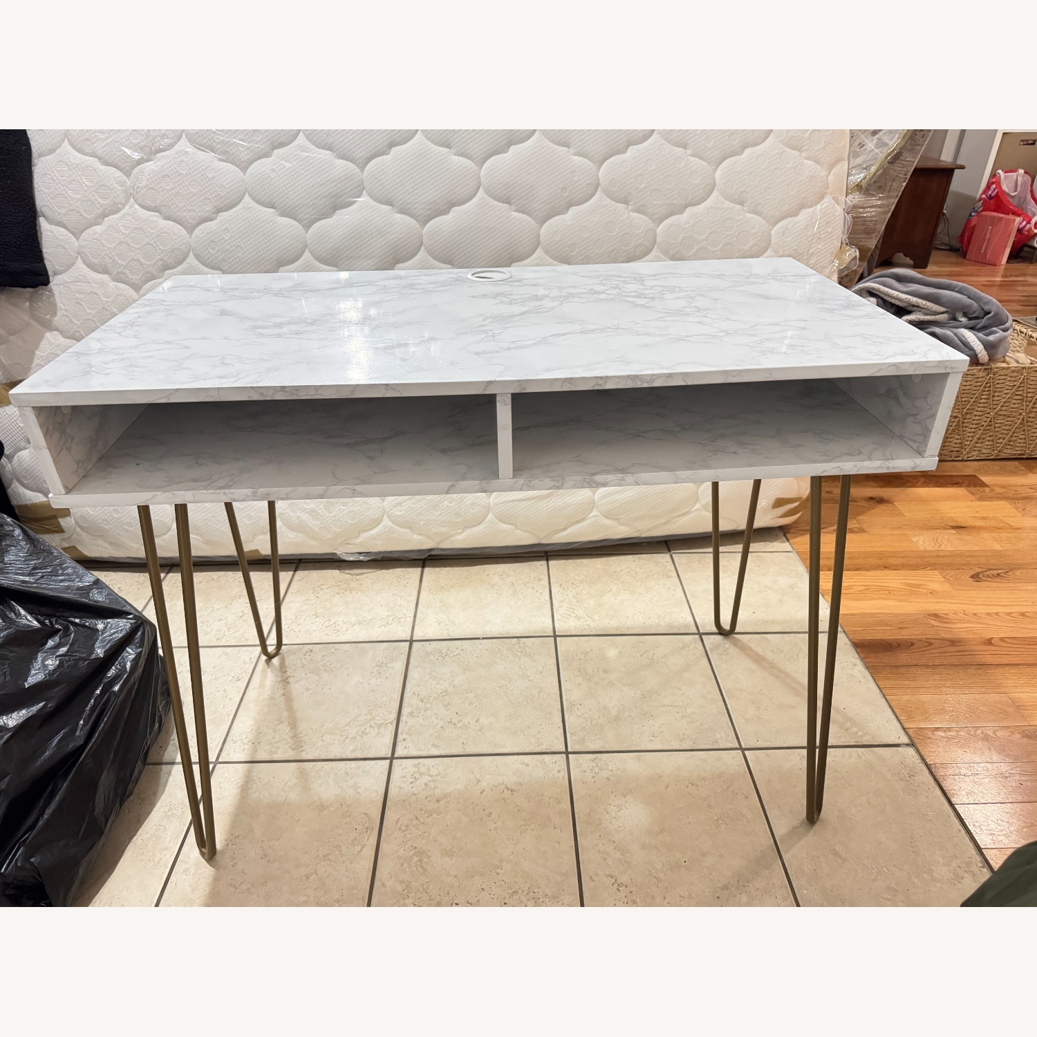 Computer Desk with Storage, White Faux Marble - AptDeco