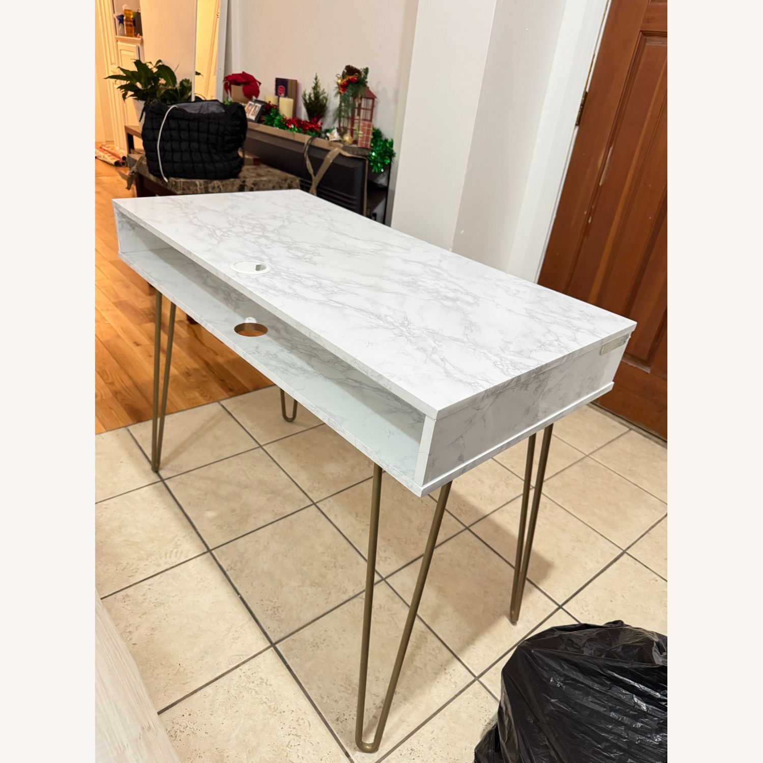 Computer Desk with Storage, White Faux Marble - AptDeco