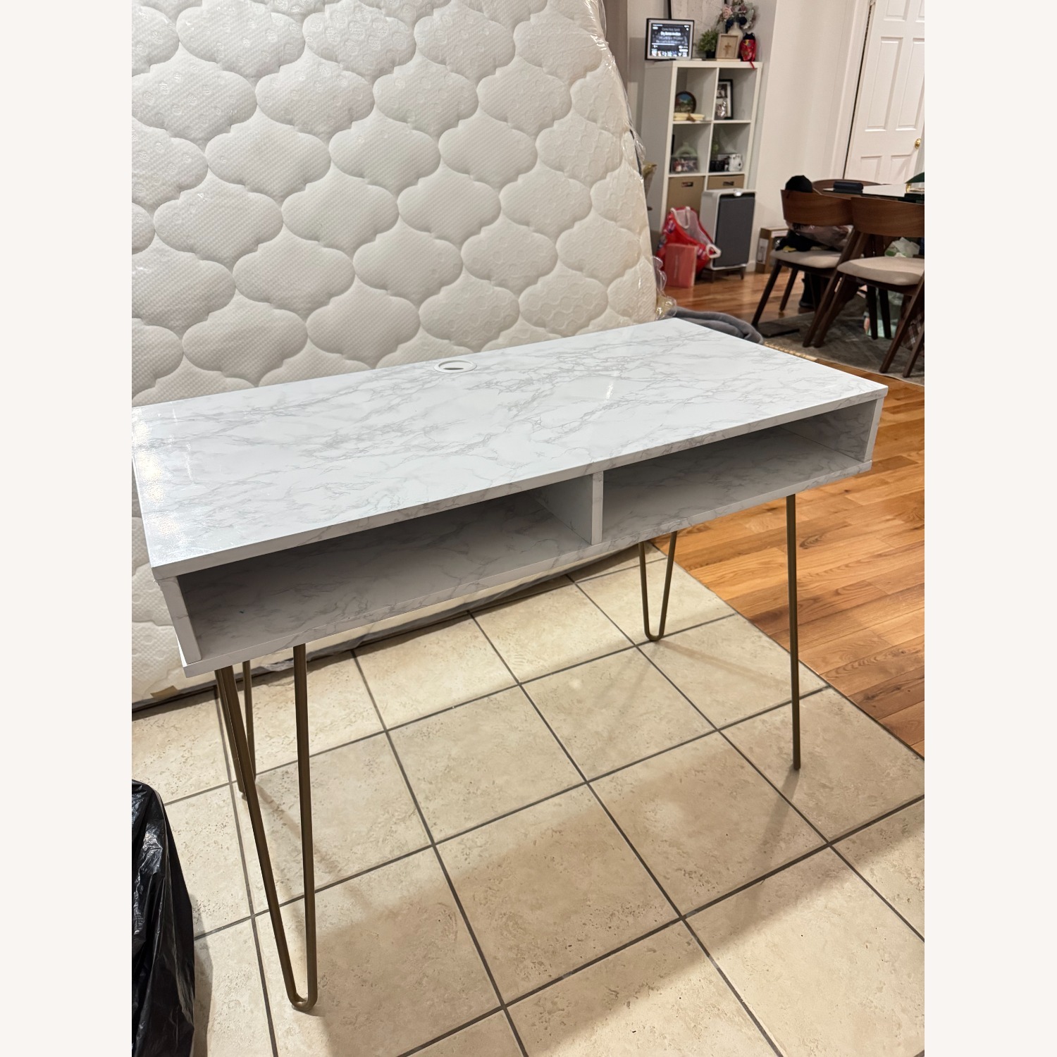 Computer Desk with Storage, White Faux Marble - AptDeco