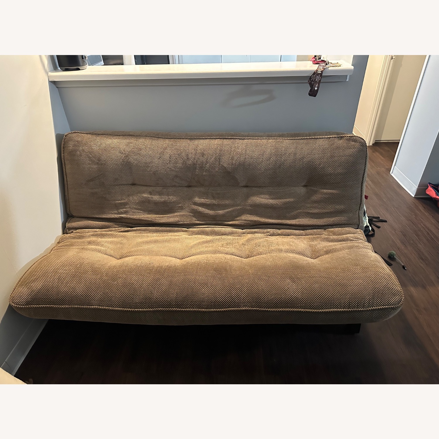 Wayfair Higden Tan Futon with Wood Frame - AptDeco