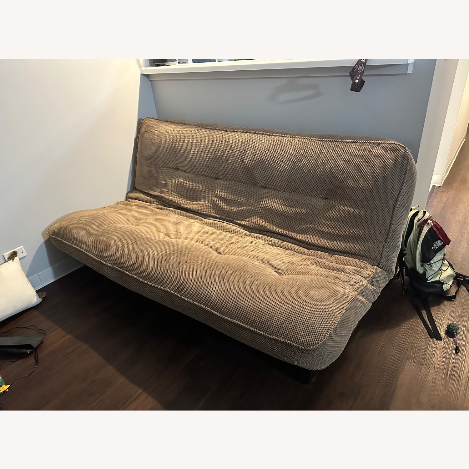 Wayfair Higden Tan Futon with Wood Frame - AptDeco