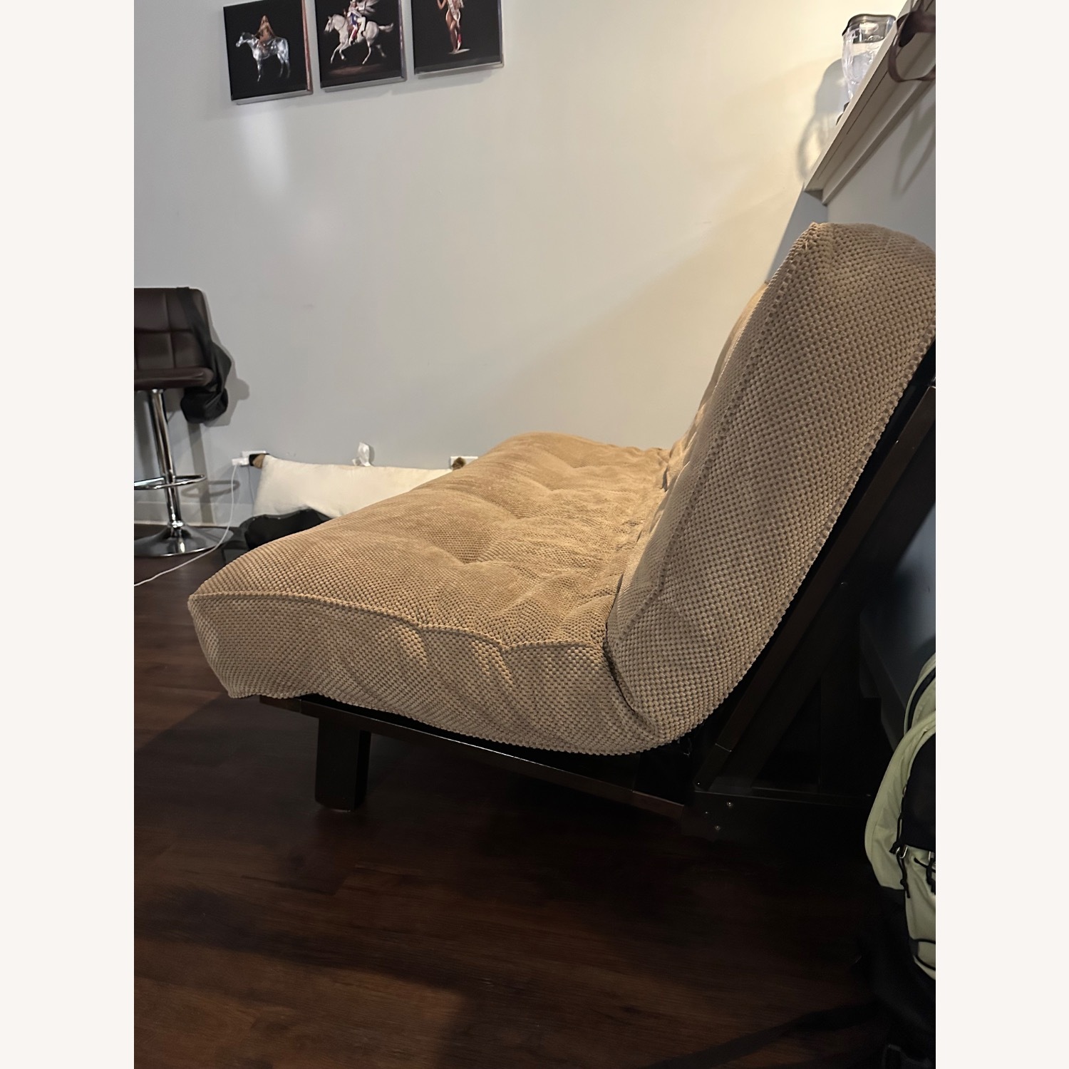 Wayfair Higden Tan Futon with Wood Frame - AptDeco