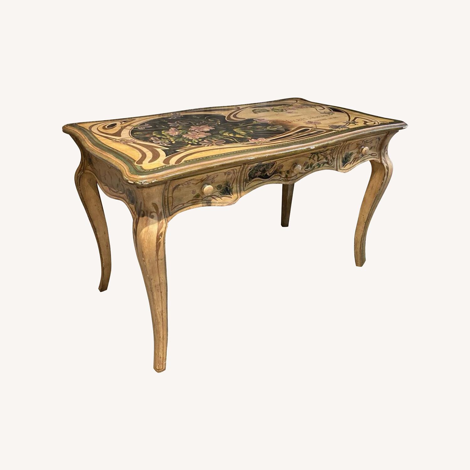 Floral Painted Library Table w Single Drawer - AptDeco