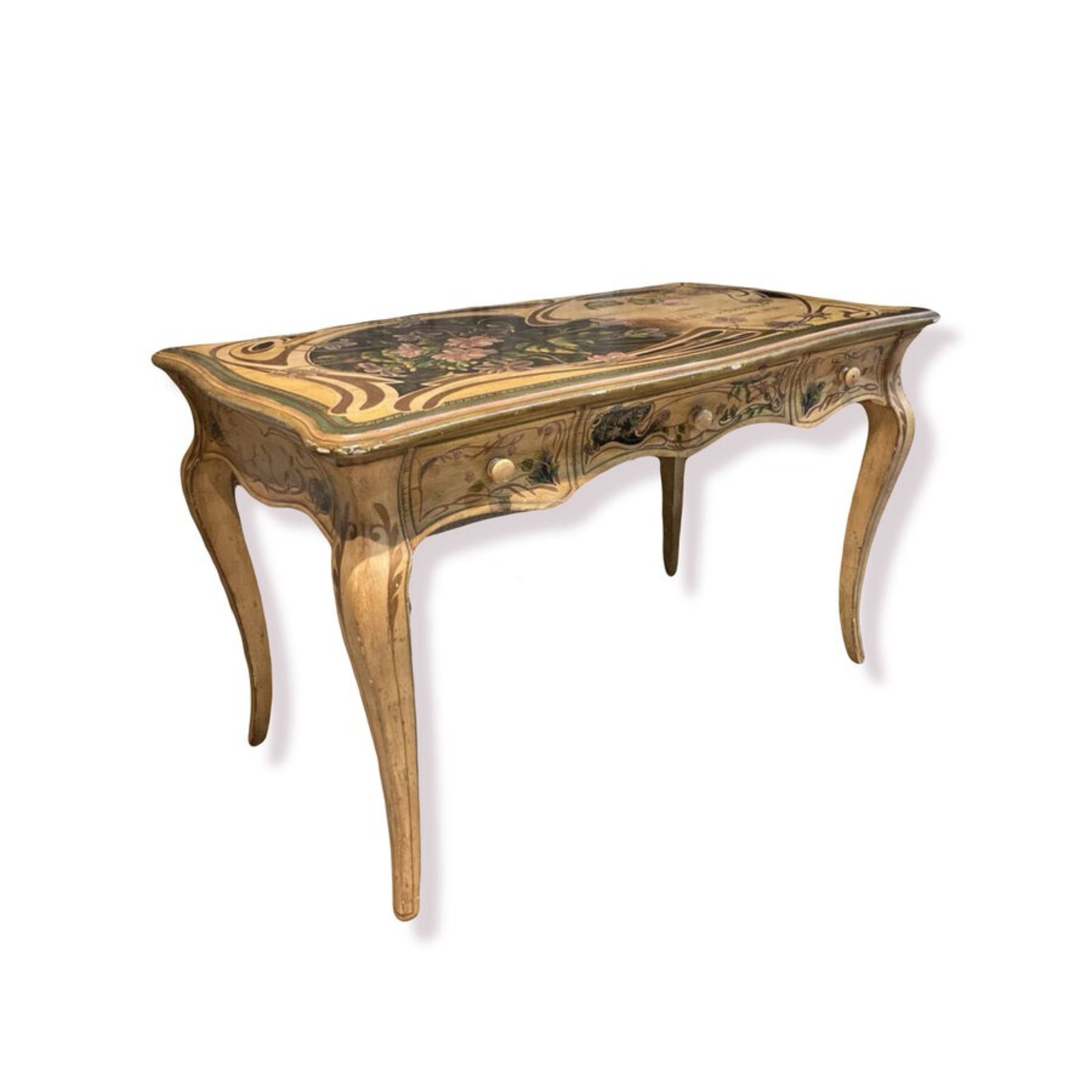 Floral Painted Library Table w Single Drawer - AptDeco