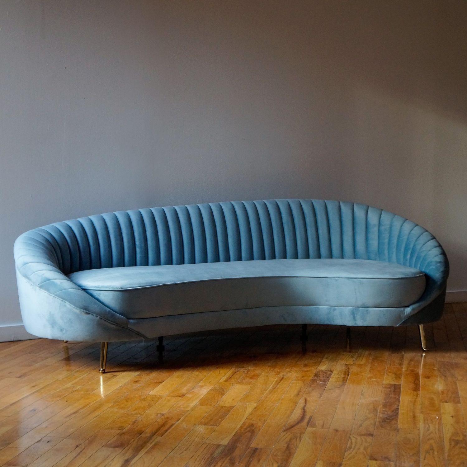 Curved Art Deco Modern Sofa in Light Blue Velvet - AptDeco