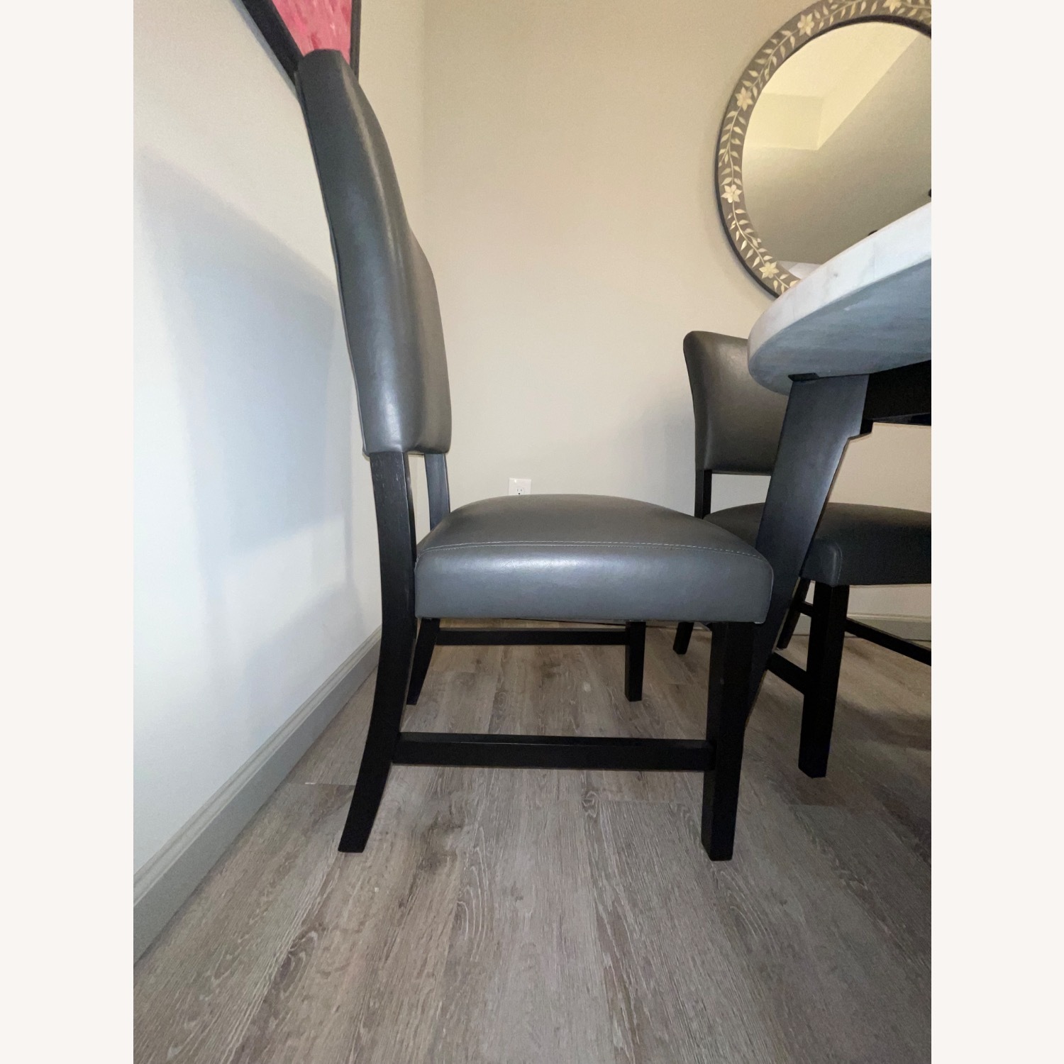 Navy Blue Leather Black Wood Dining Chairs - AptDeco