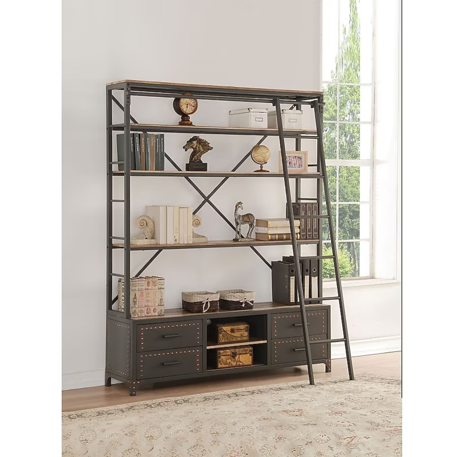 Metal Bookcase with Ladder+Drawers - AptDeco