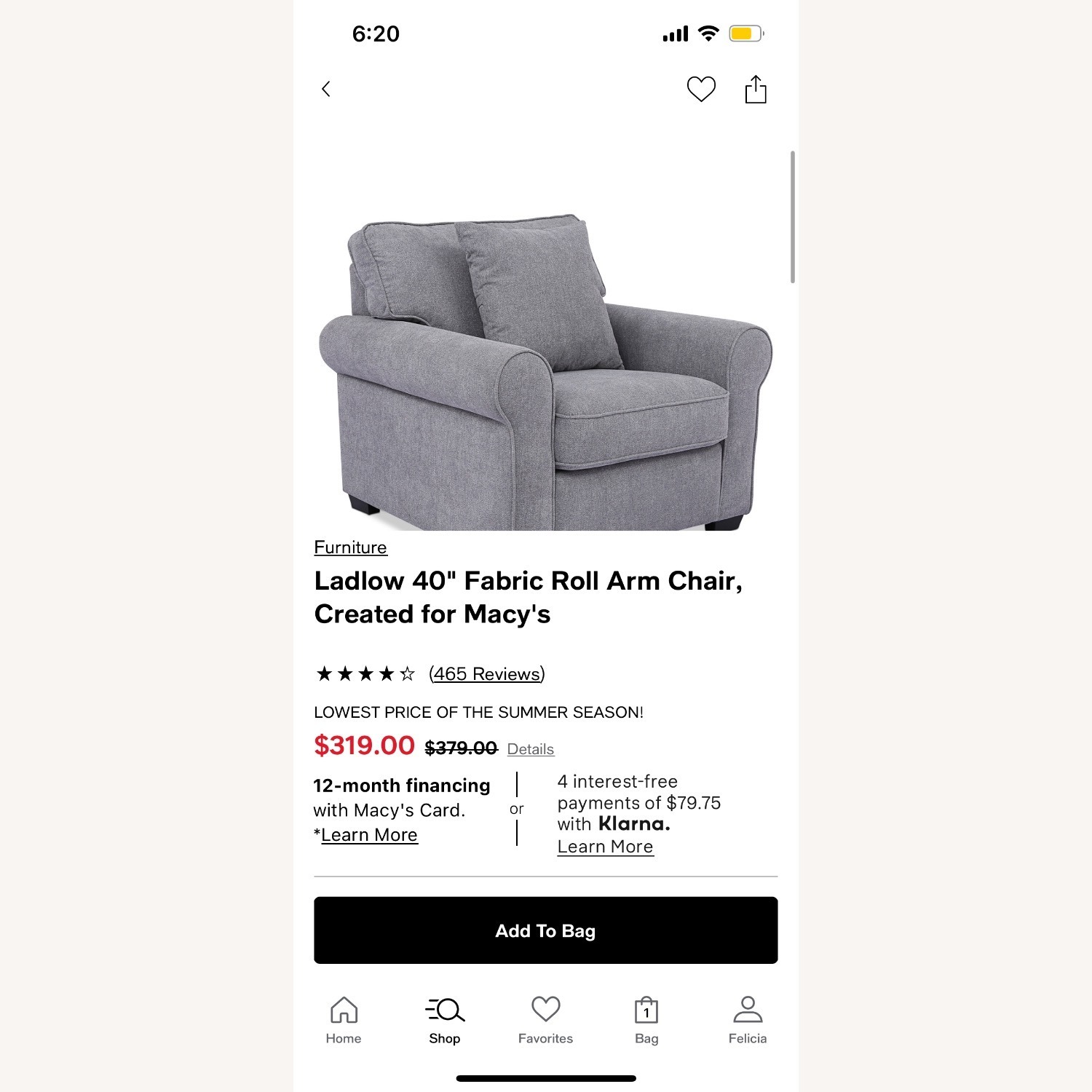 Macy's Ladlow Gray Arm Chair - AptDeco