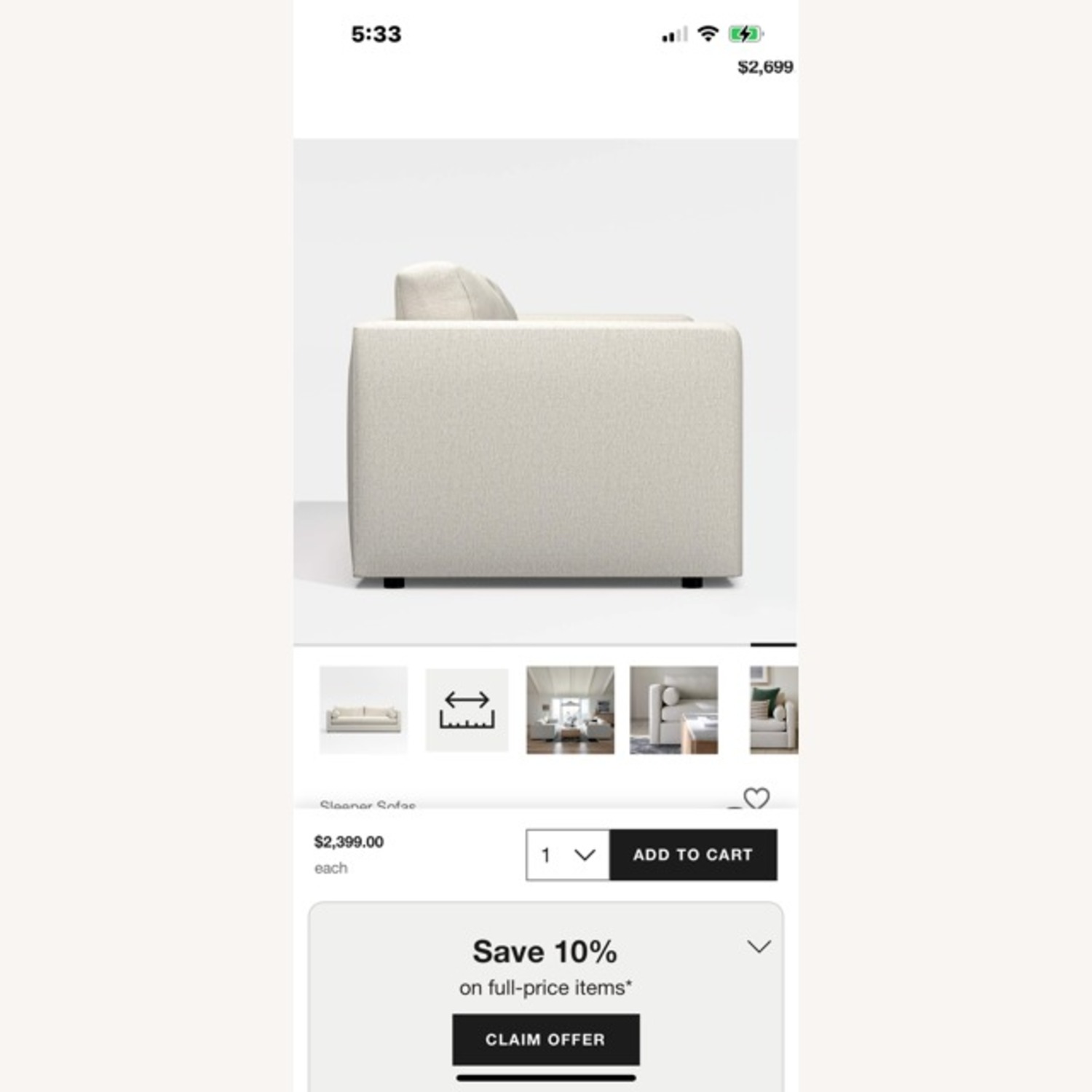 Crate & Barrel Aris 82" Upholstered Queen Sleeper Sofa - AptDeco