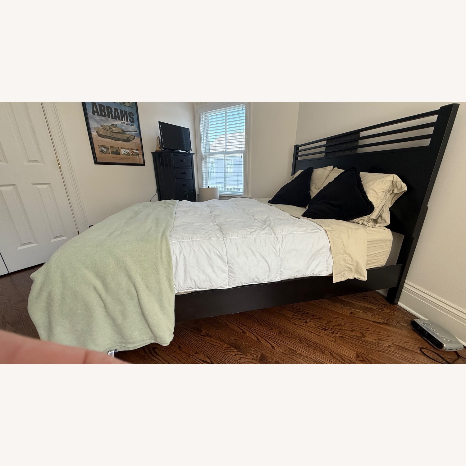 Queen Sized Black Wood Platform Bed - AptDeco