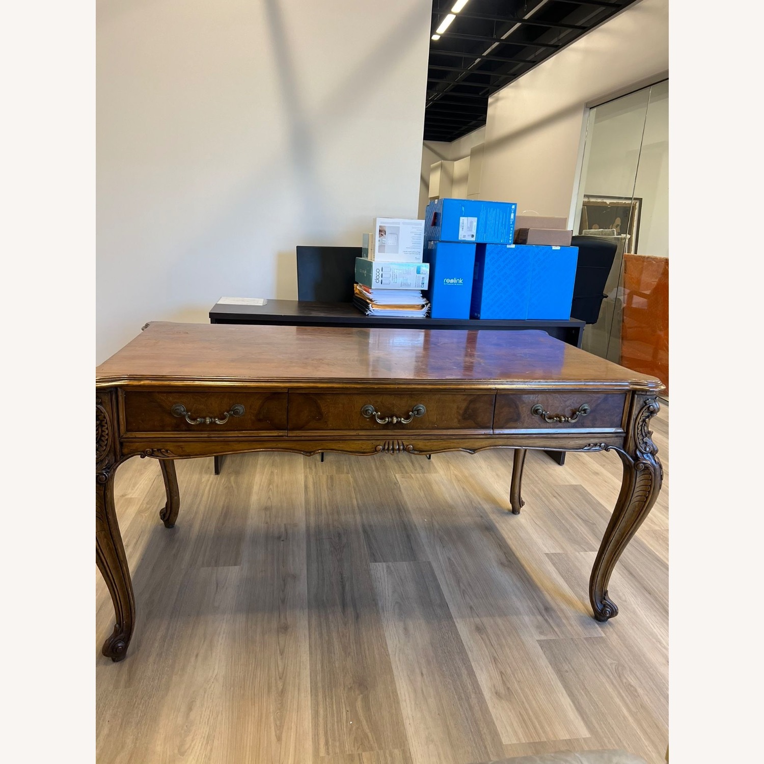 Brown Solid Wood Antique Writing Desk - AptDeco