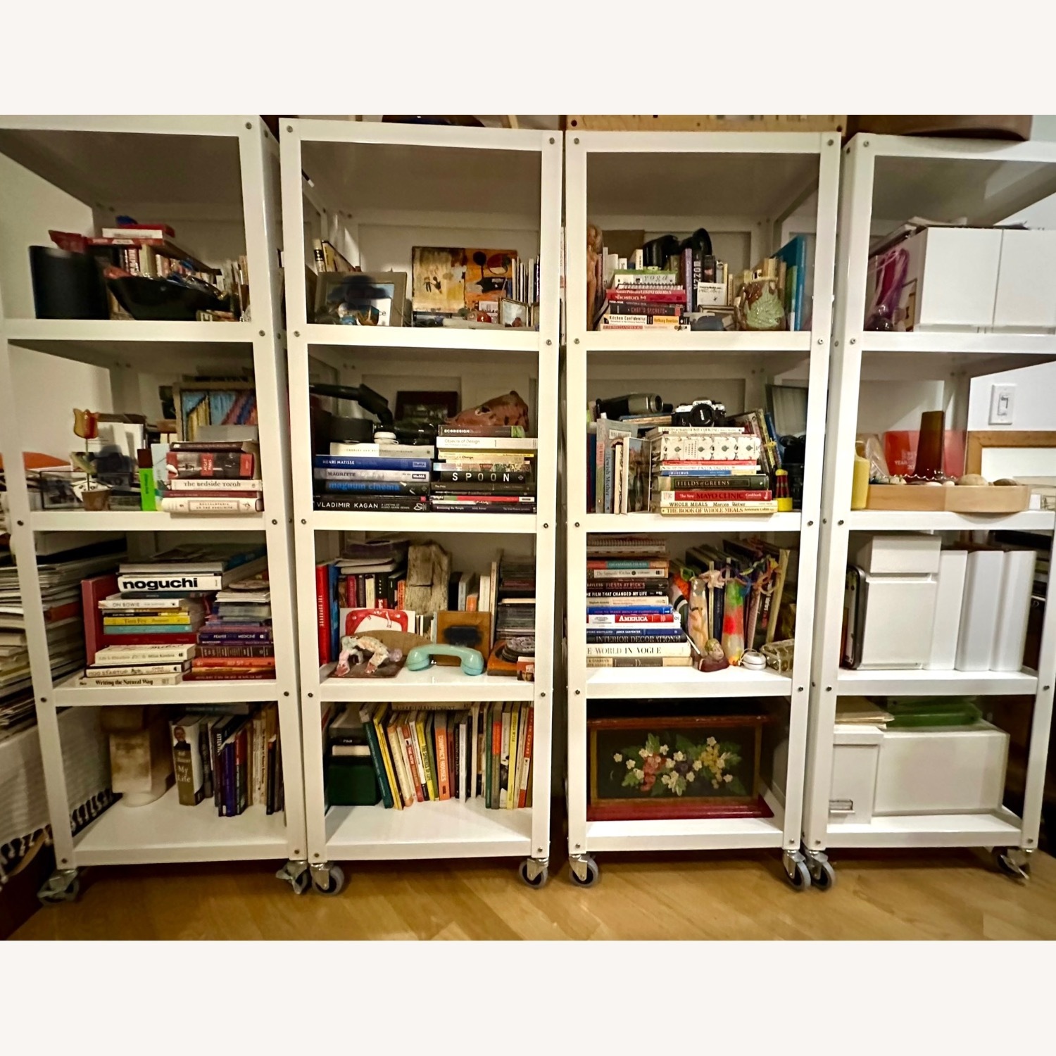 (4) CB2 Go-Cart White Rolling Bookcases - AptDeco