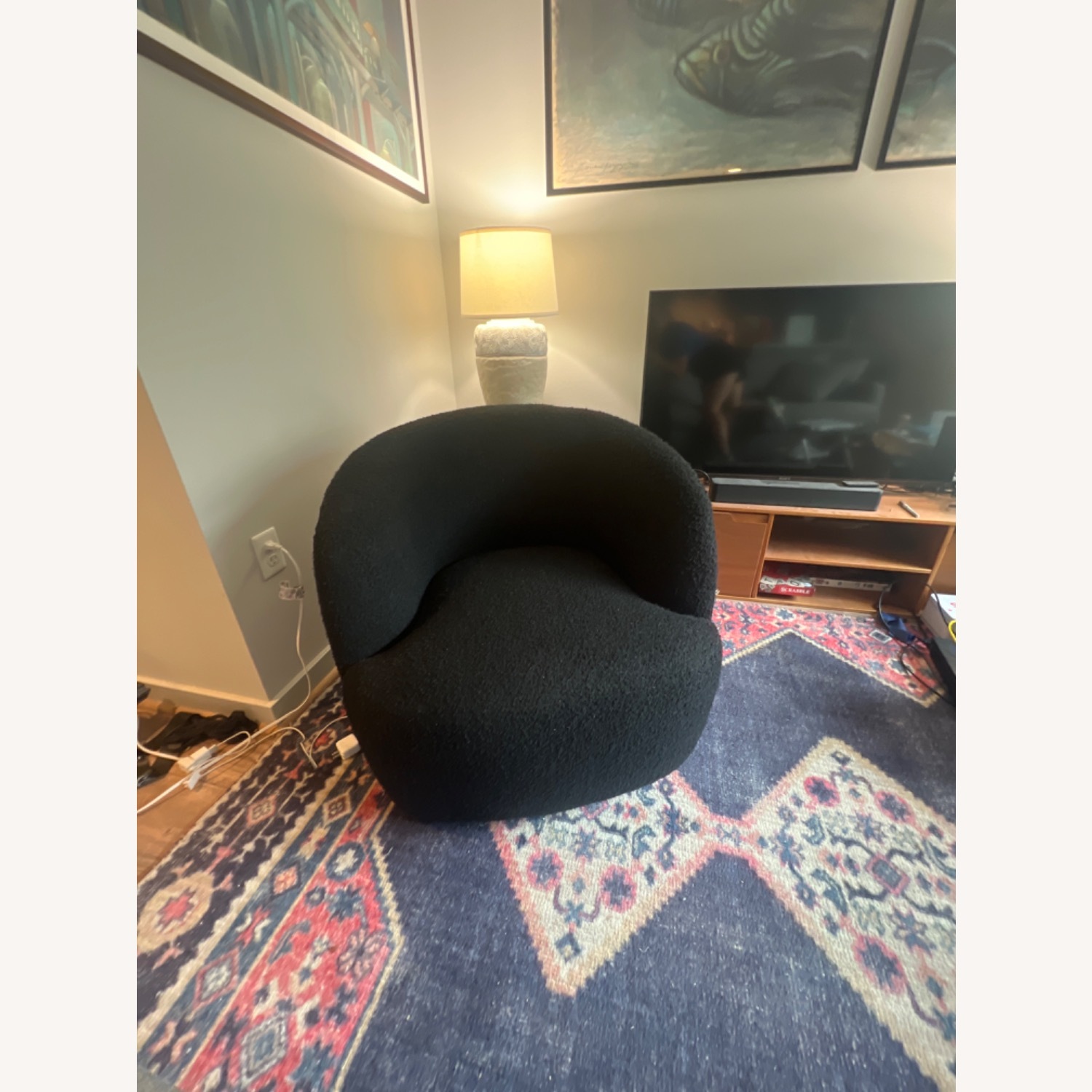 CB2 Gwyneth Swivel Chair – Black Bouclé - AptDeco