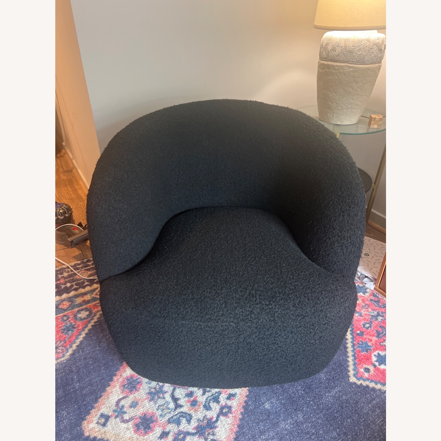 CB2 Gwyneth Swivel Chair – Black Bouclé - AptDeco