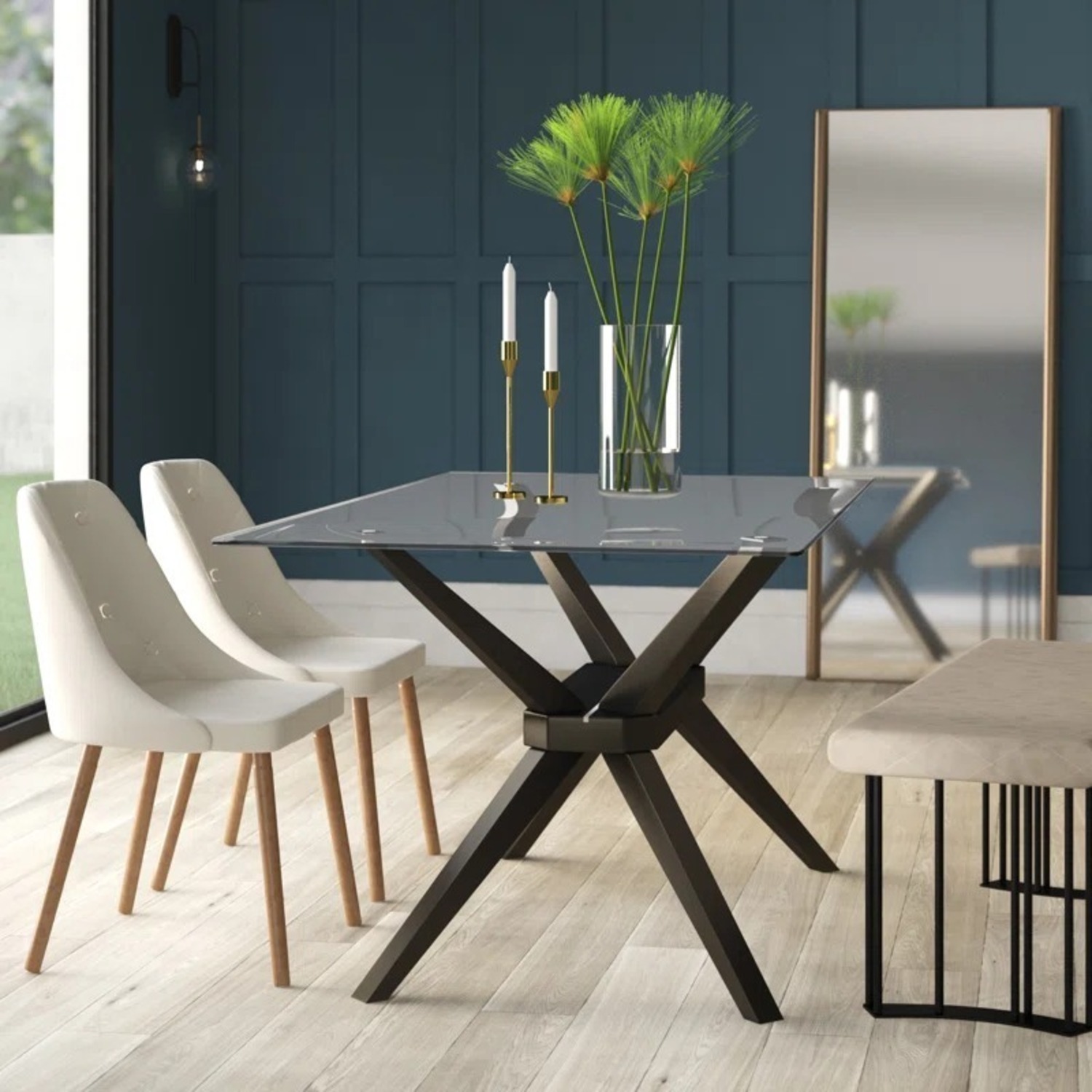 Catuy Glass Top Solid Wood Base Dining Table - AptDeco