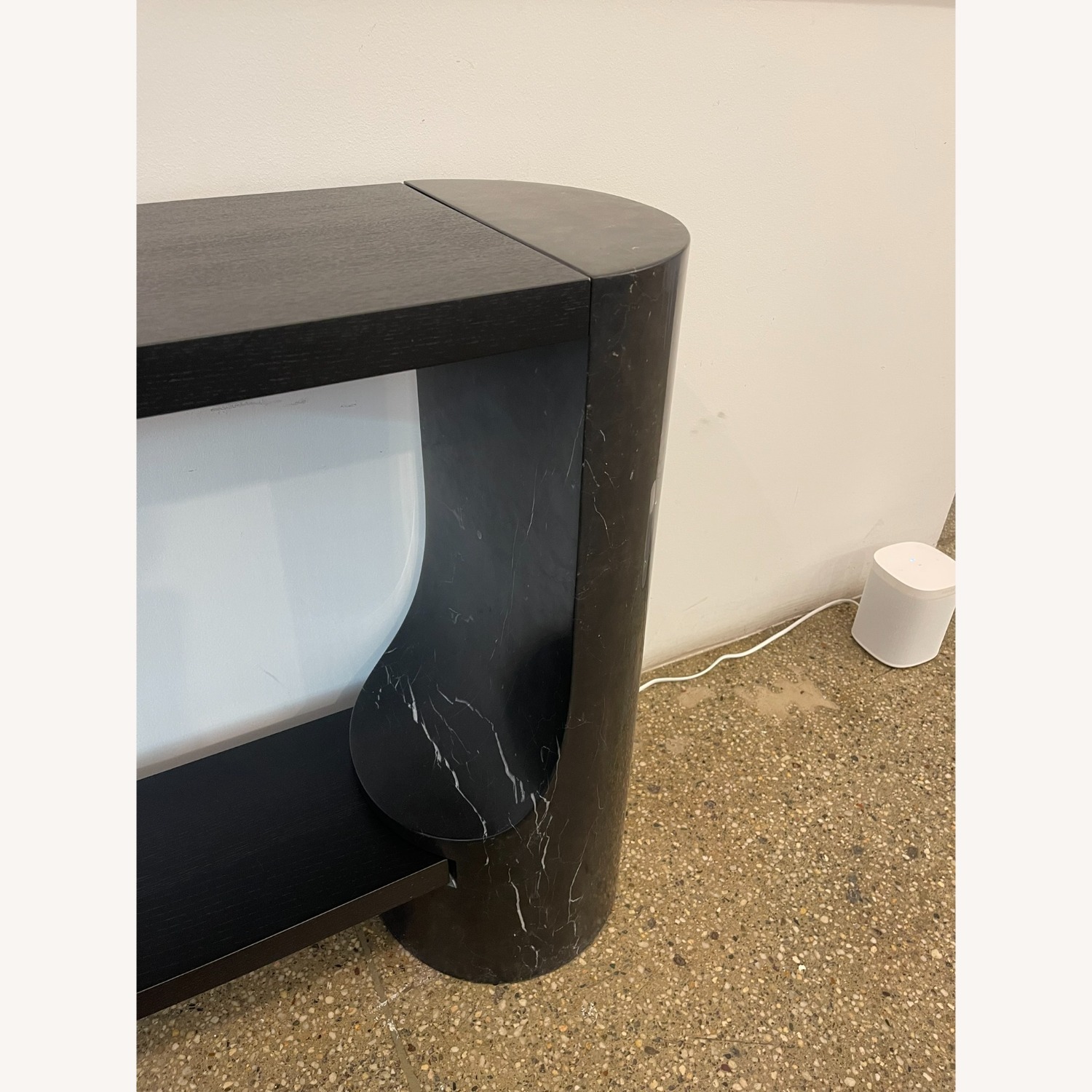 CB2 Black Scoop 76" Black Marble and Oak Wood Console Table - AptDeco