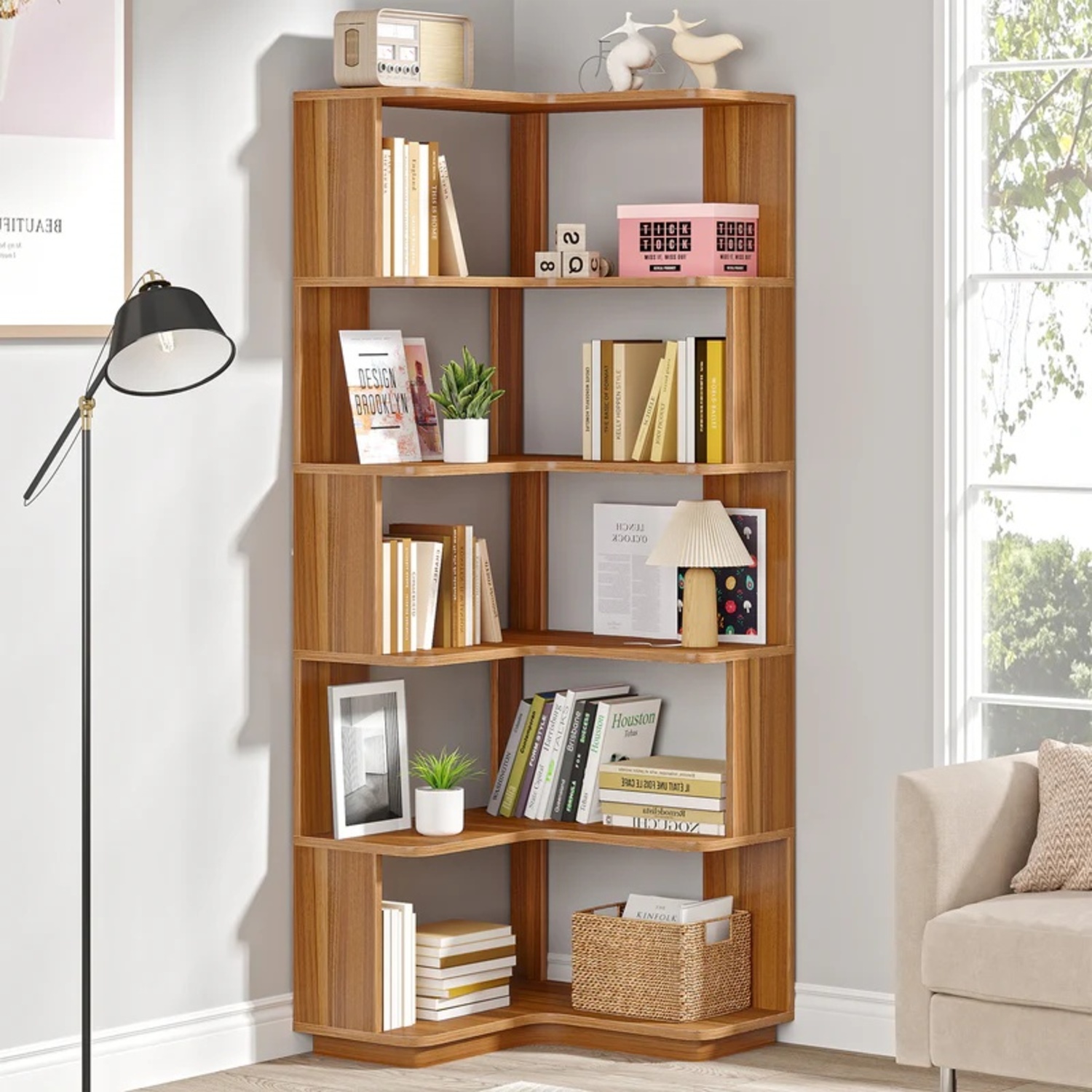 Light Brown Wood Corner Bookcase - AptDeco