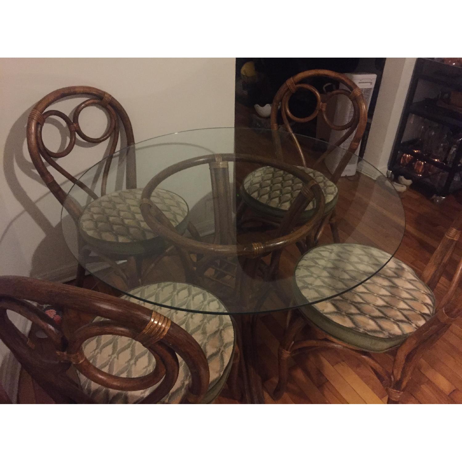 Glass Top Bamboo Base Dining Table w /4 Upholstered Chairs - AptDeco