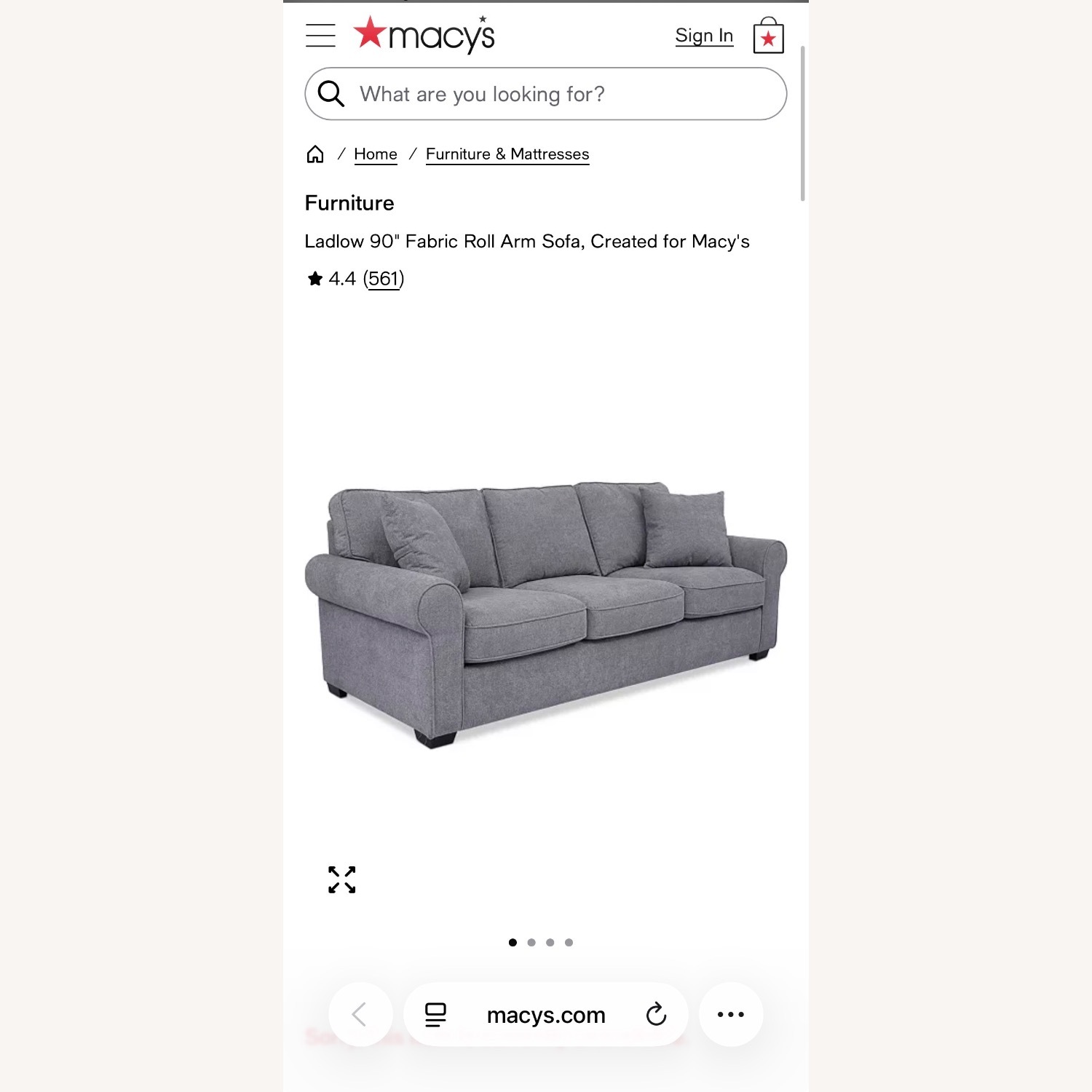 Macy’s Ladlow 90" Fabric Roll Arm Sofa - AptDeco