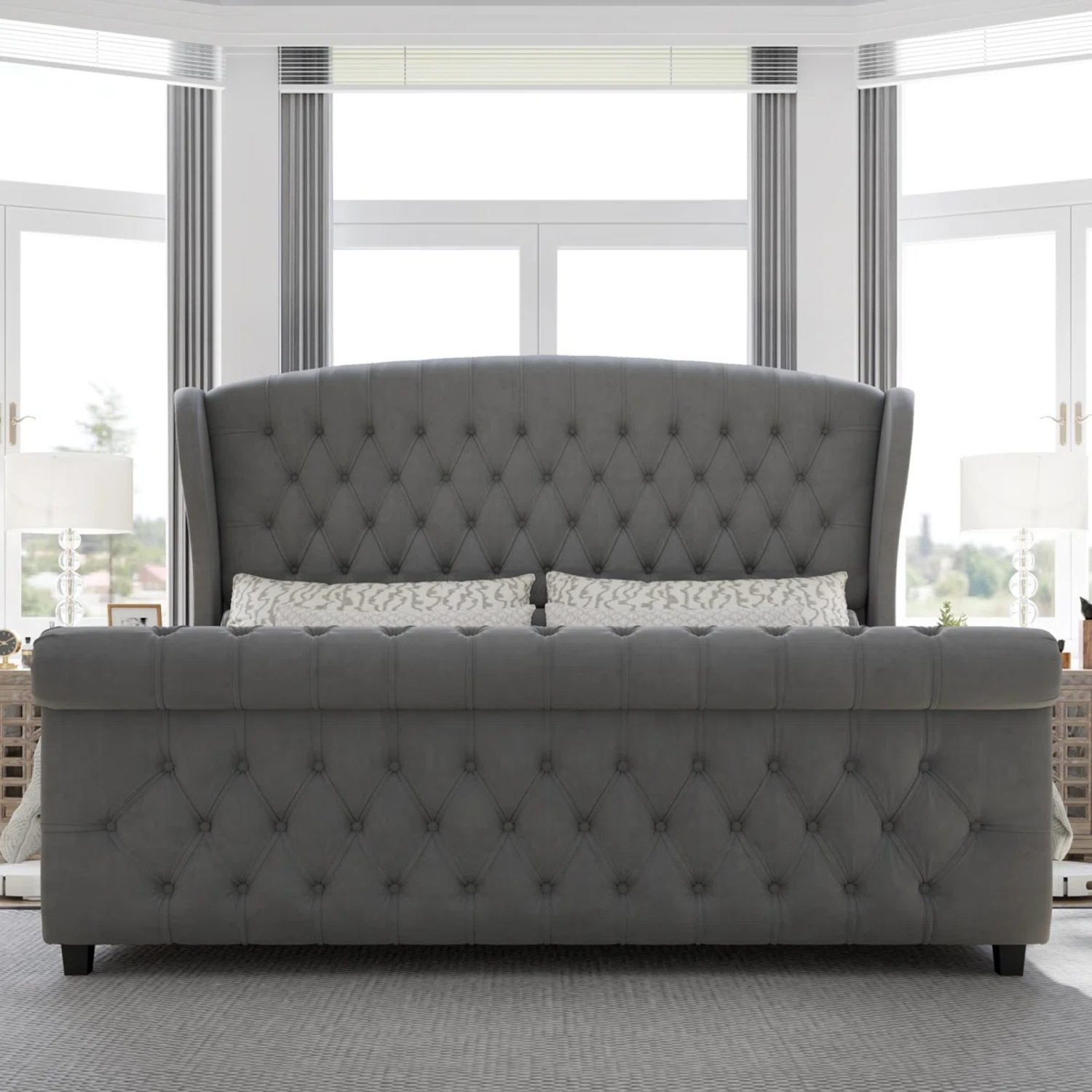 Wayfair Light Gray Velvet Queen Bed - AptDeco