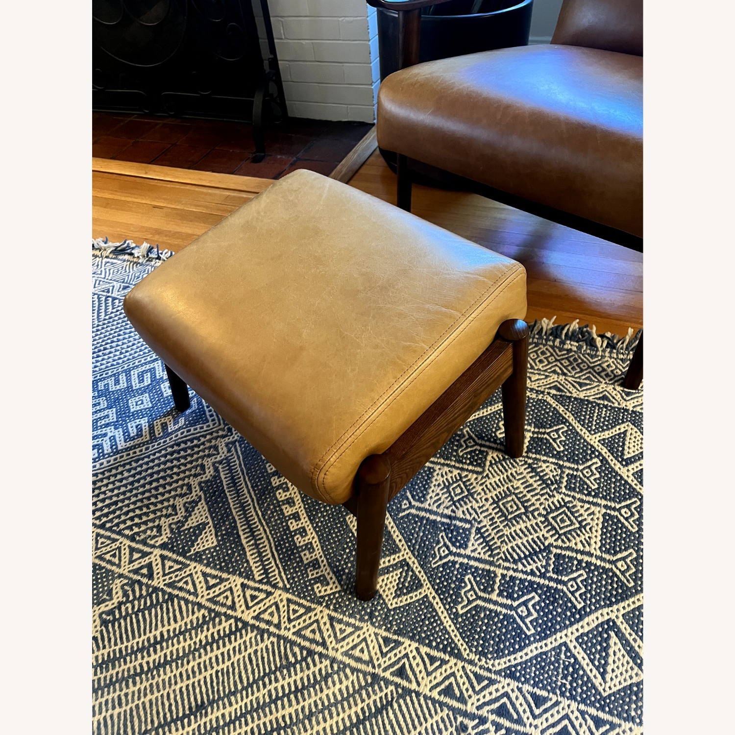 West Elm Mid-Century Show Wood Leather Ottoman - AptDeco