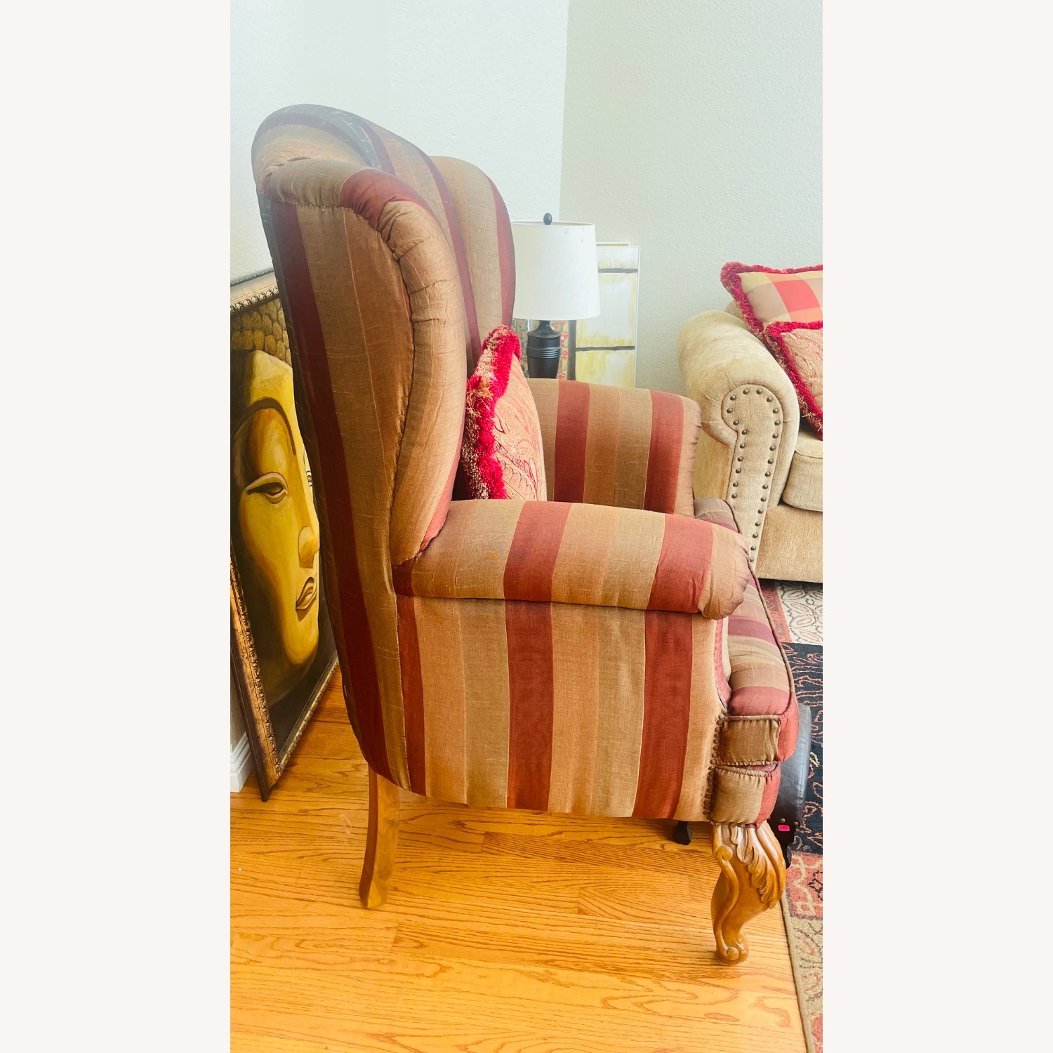 Brown and Burnt Red Fabric High Wing Back Chair - AptDeco