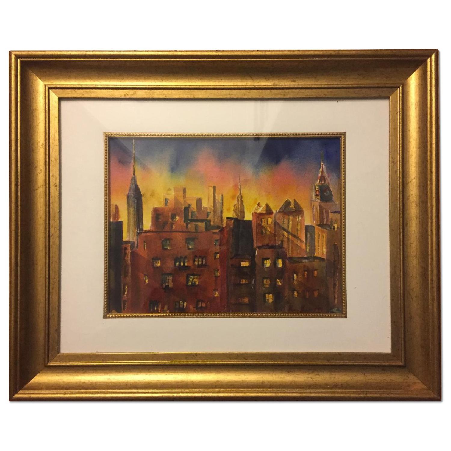 Karen Halbert NYC Painting w/ Gold Frame - AptDeco