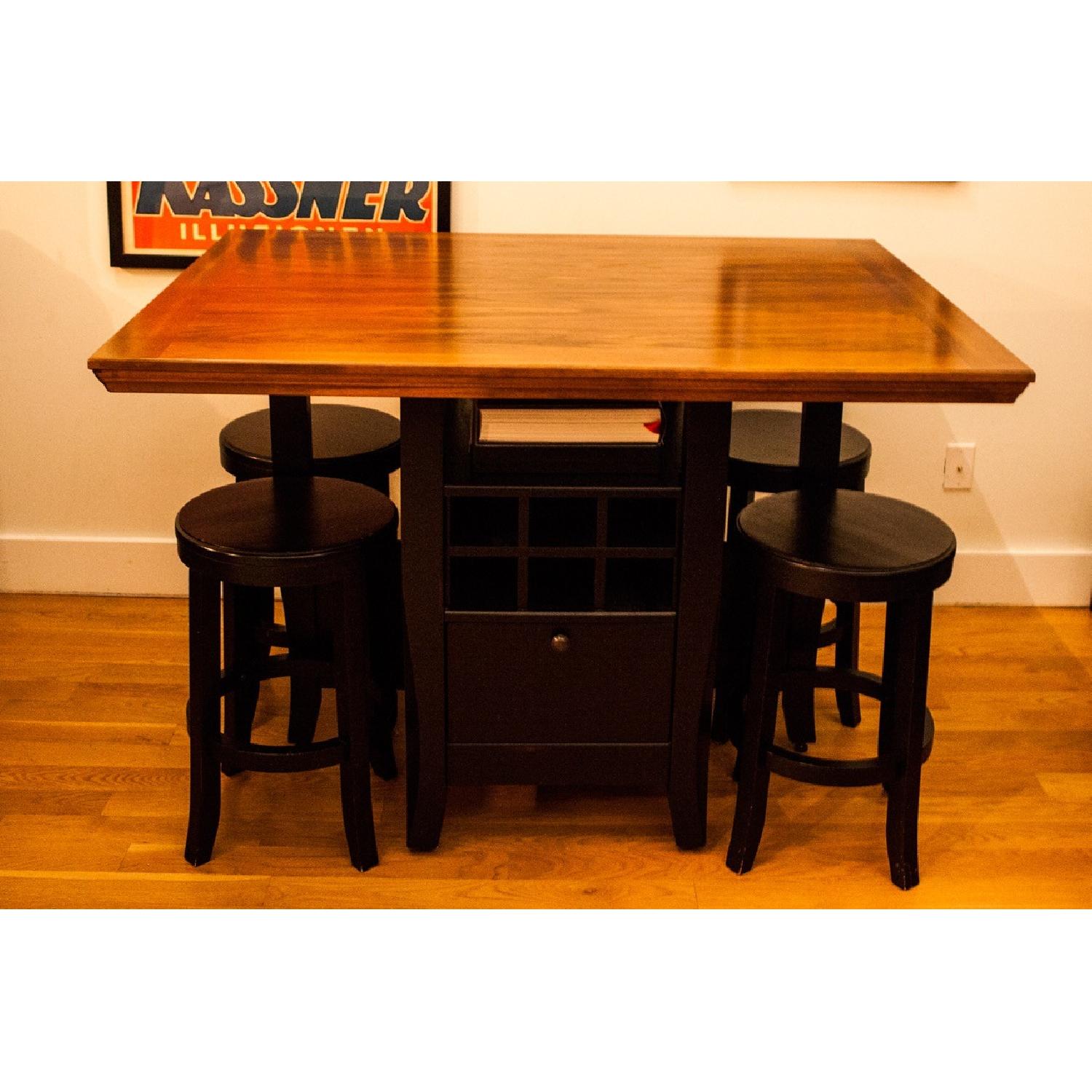 Solid Wood Dining Table w/ Storage/Wine Rack + 4 Stools - AptDeco