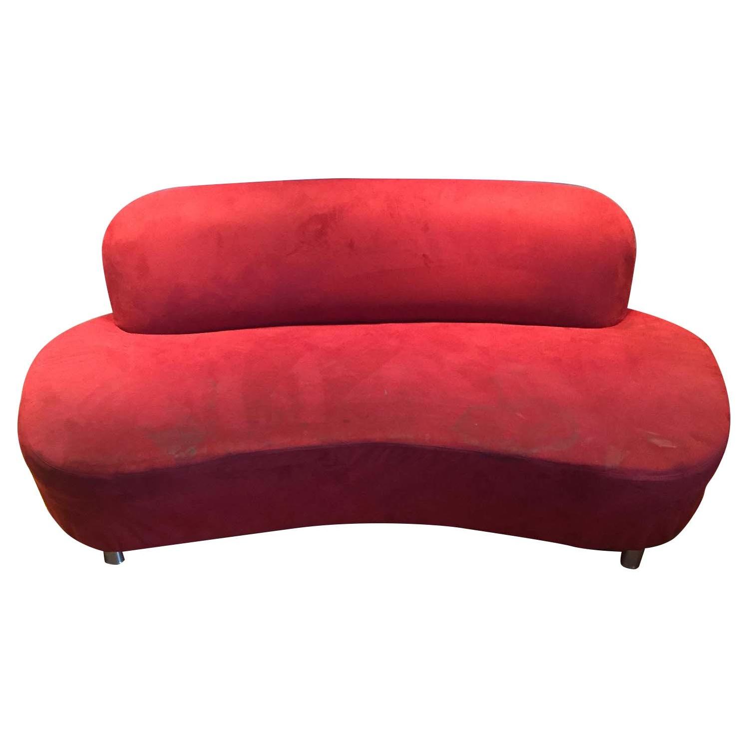 Modern Red Suede Sofa w/ Aluminum Posts - AptDeco