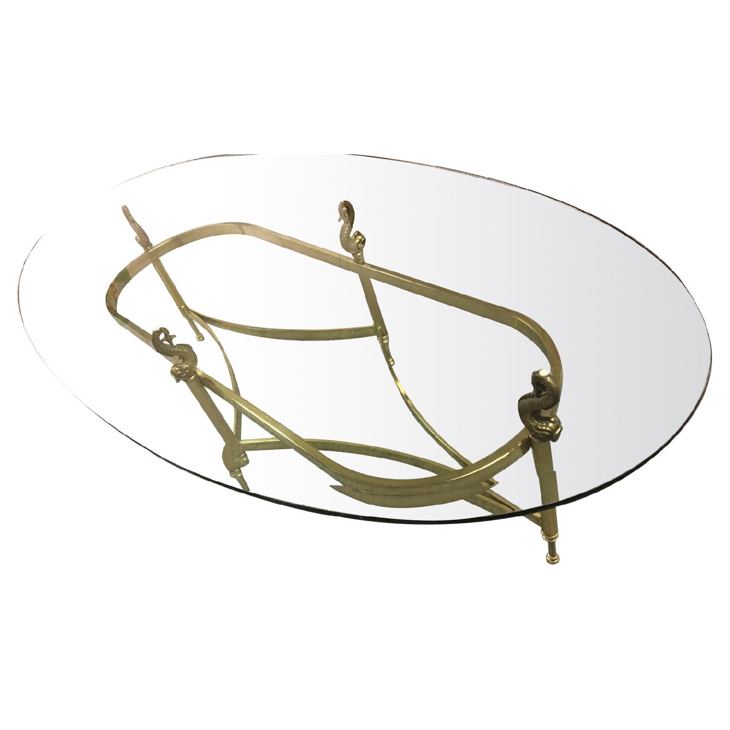 Vintage Glass & Brass Oval Coffee Table - AptDeco
